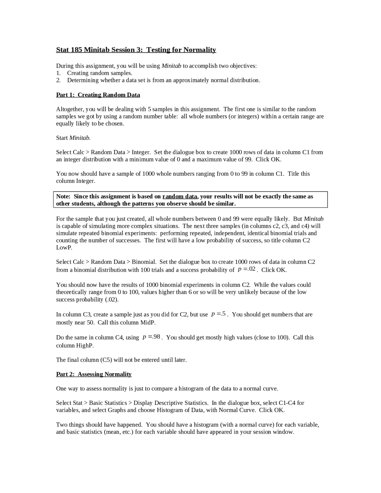 Minitab Assignment 3 Testing For Normality Analyzing Random Data 1930