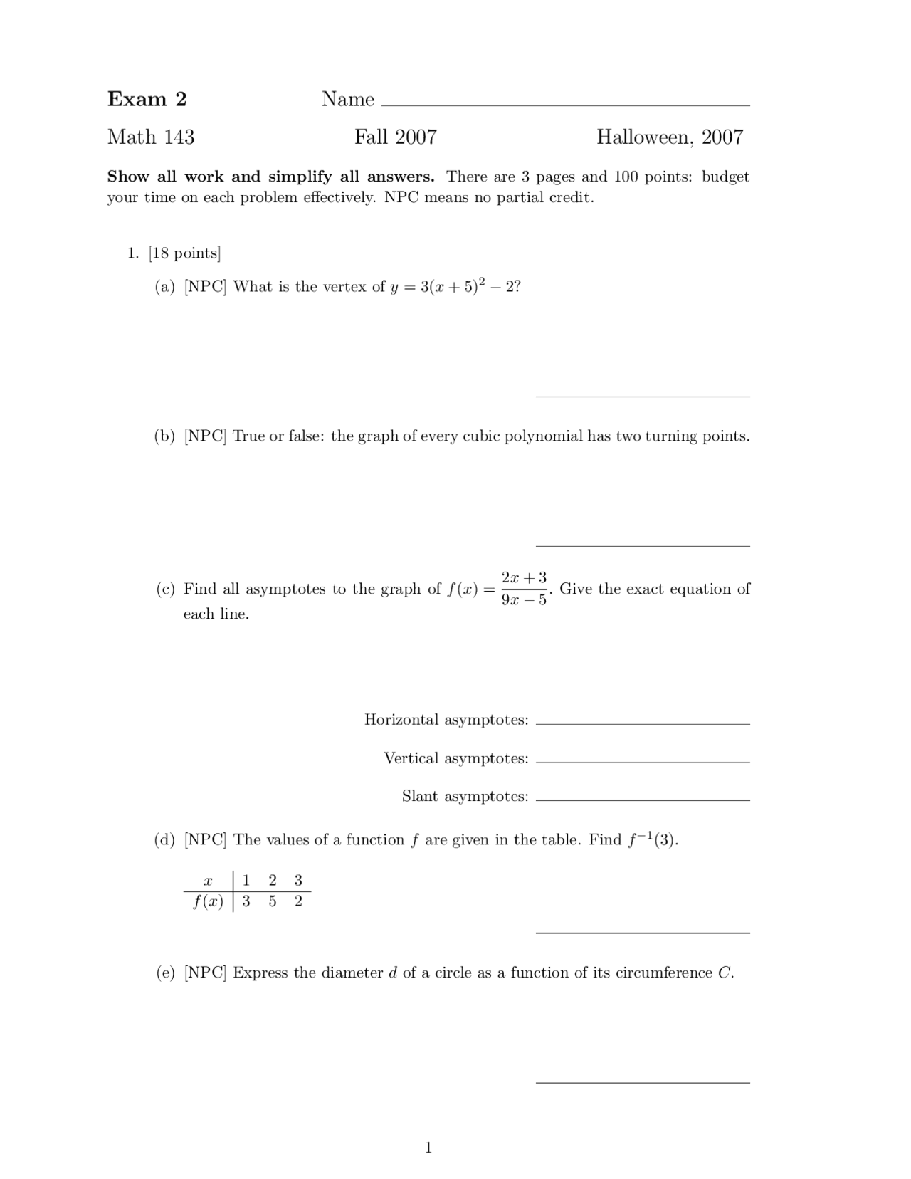 Math Exam 2 - Fall 2007 - Math 143 | Exams Algebra | Docsity