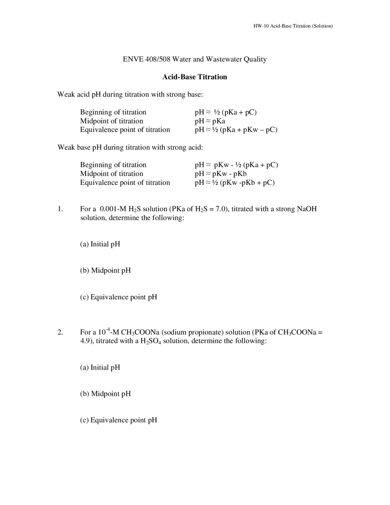 Acid-Base Titration - Solved Homework | ENVE 408 - Docsity