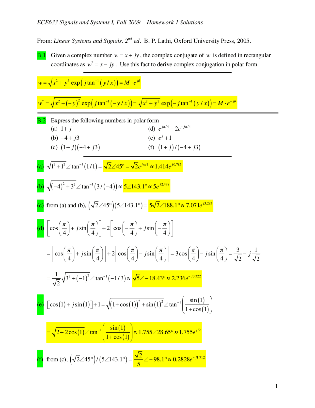 Homework 1 With Solutions Signals And Systems I Ece 633 Docsity