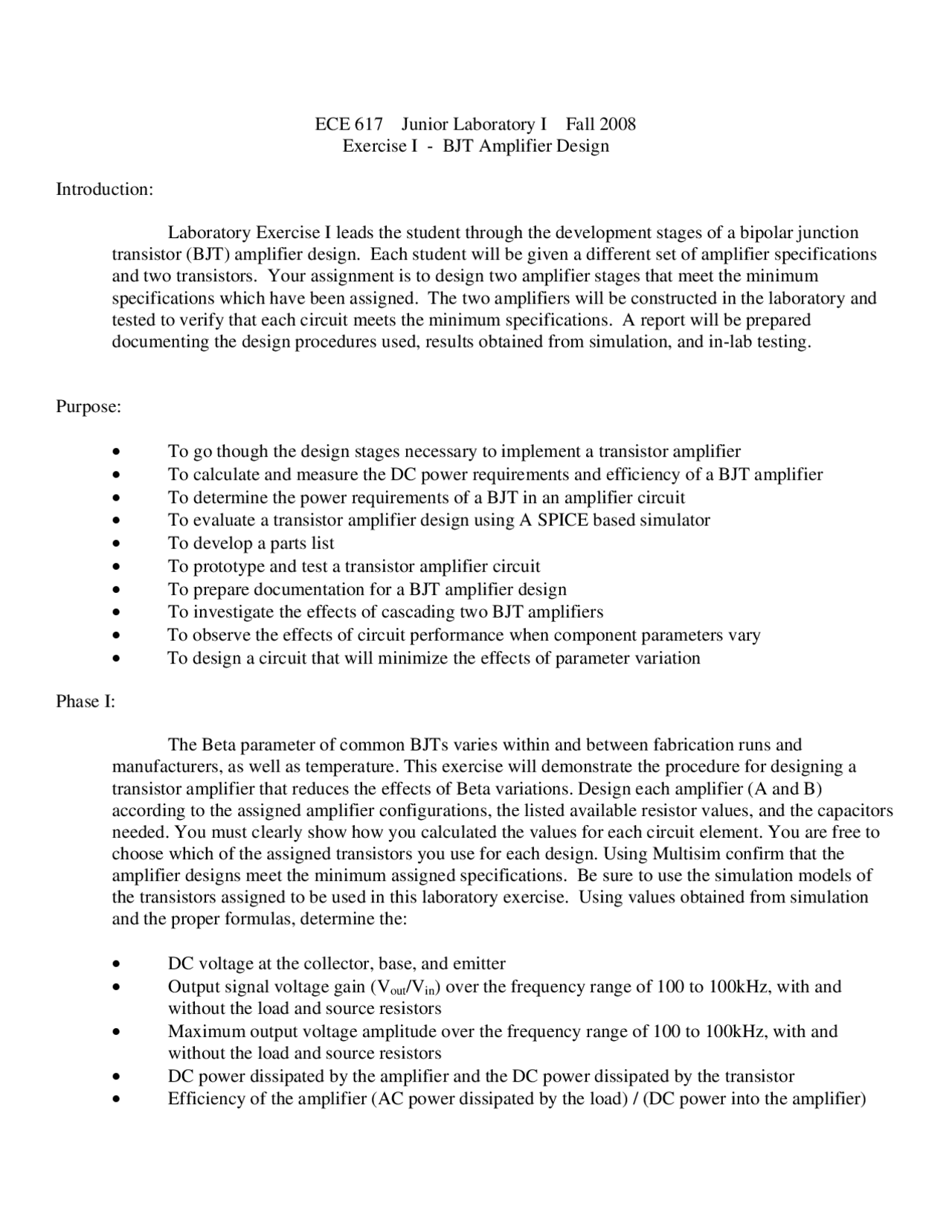 Exercise One Bjt Amplifier Design Ece 617 Docsity