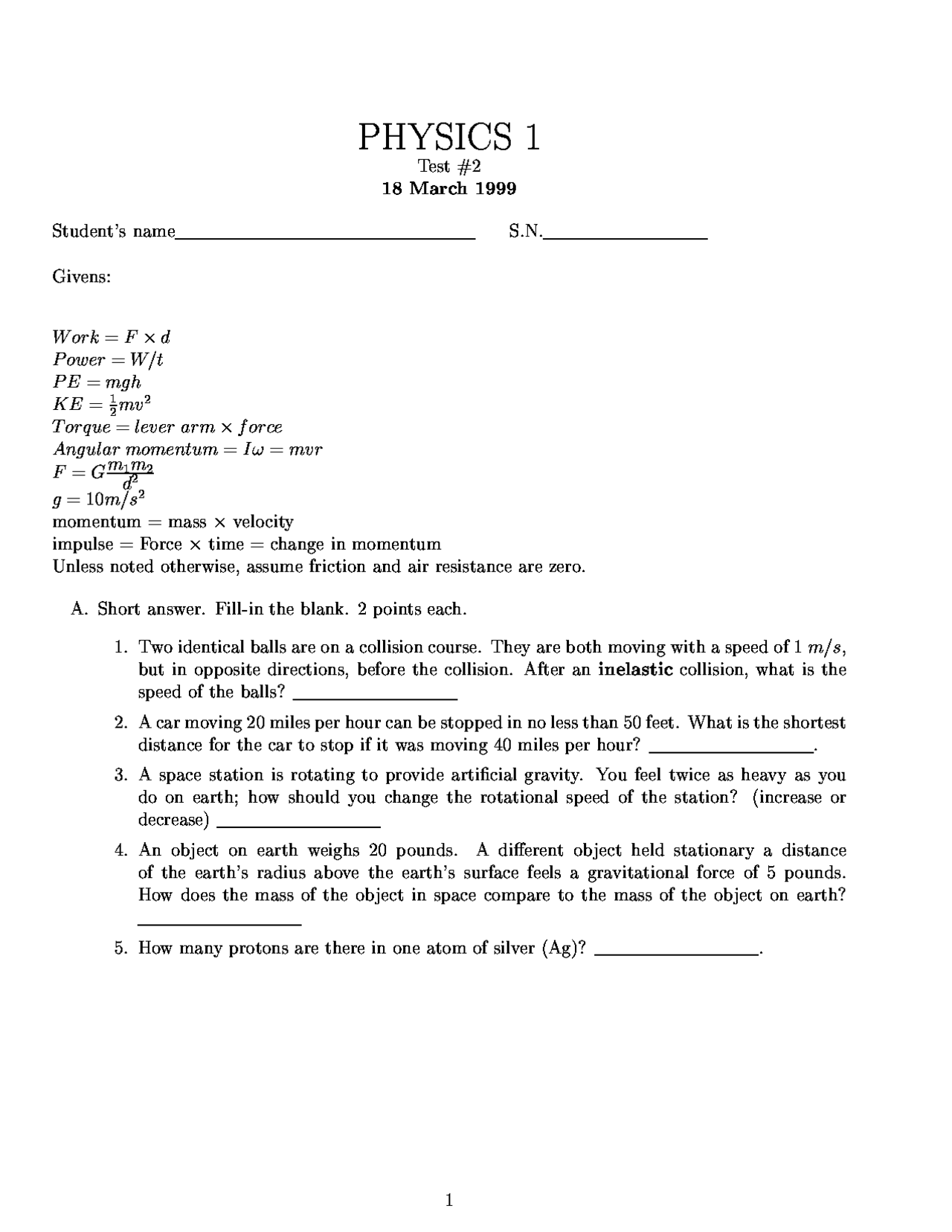 Exam - Questions on The Science of Physics | PHYS 001 | Exams Physics ...