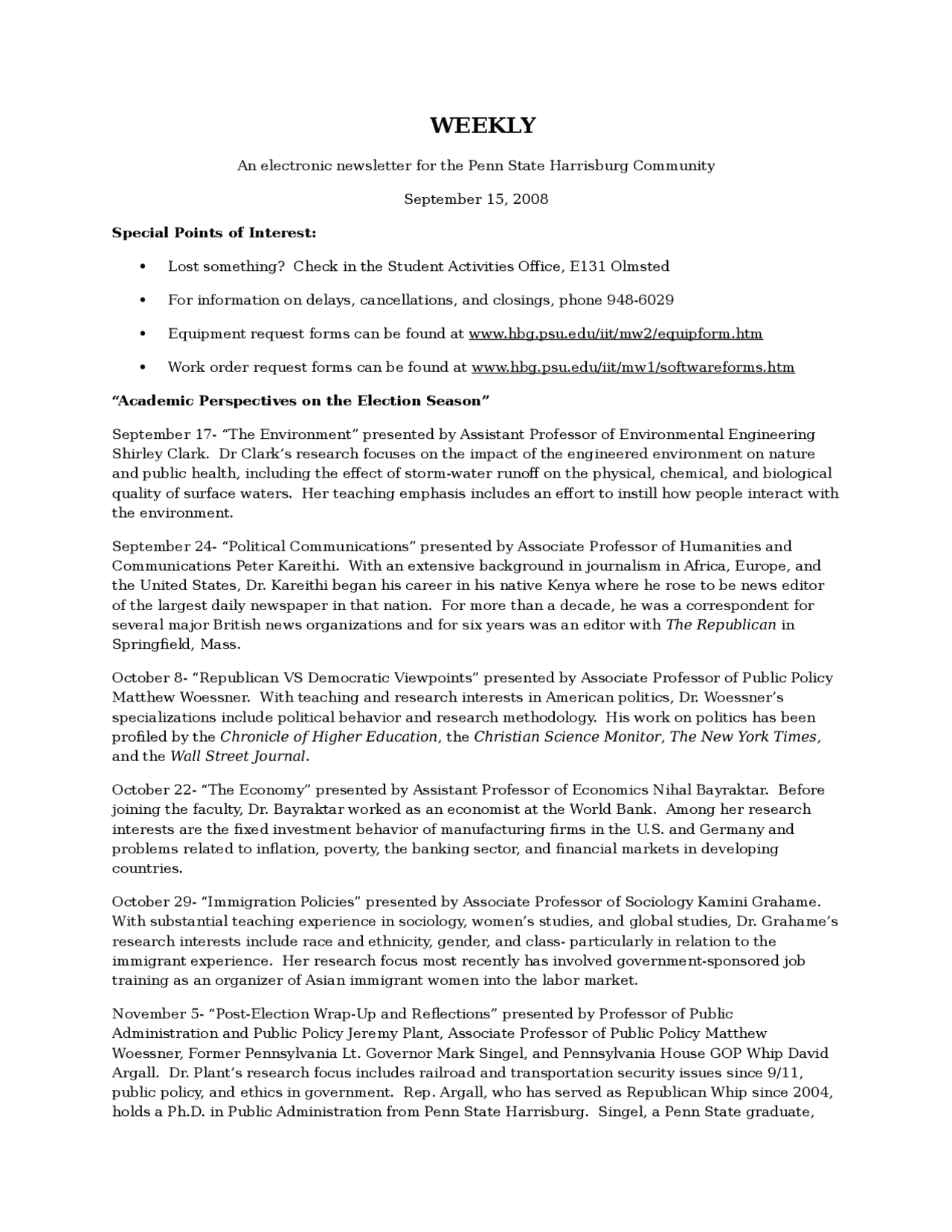 An Electronic Newsletter for the Penn State Harrisburg Community ...
