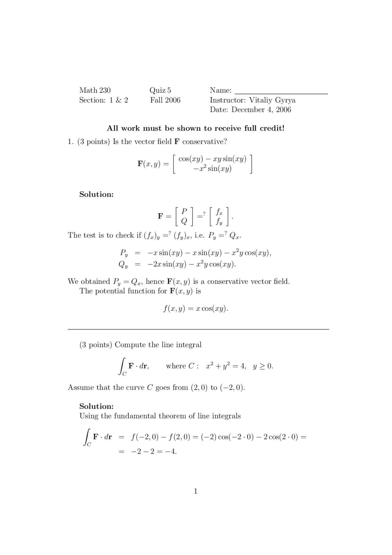 2 Solved Questions Quiz 5 Calculus And Vector Analysis Math 230