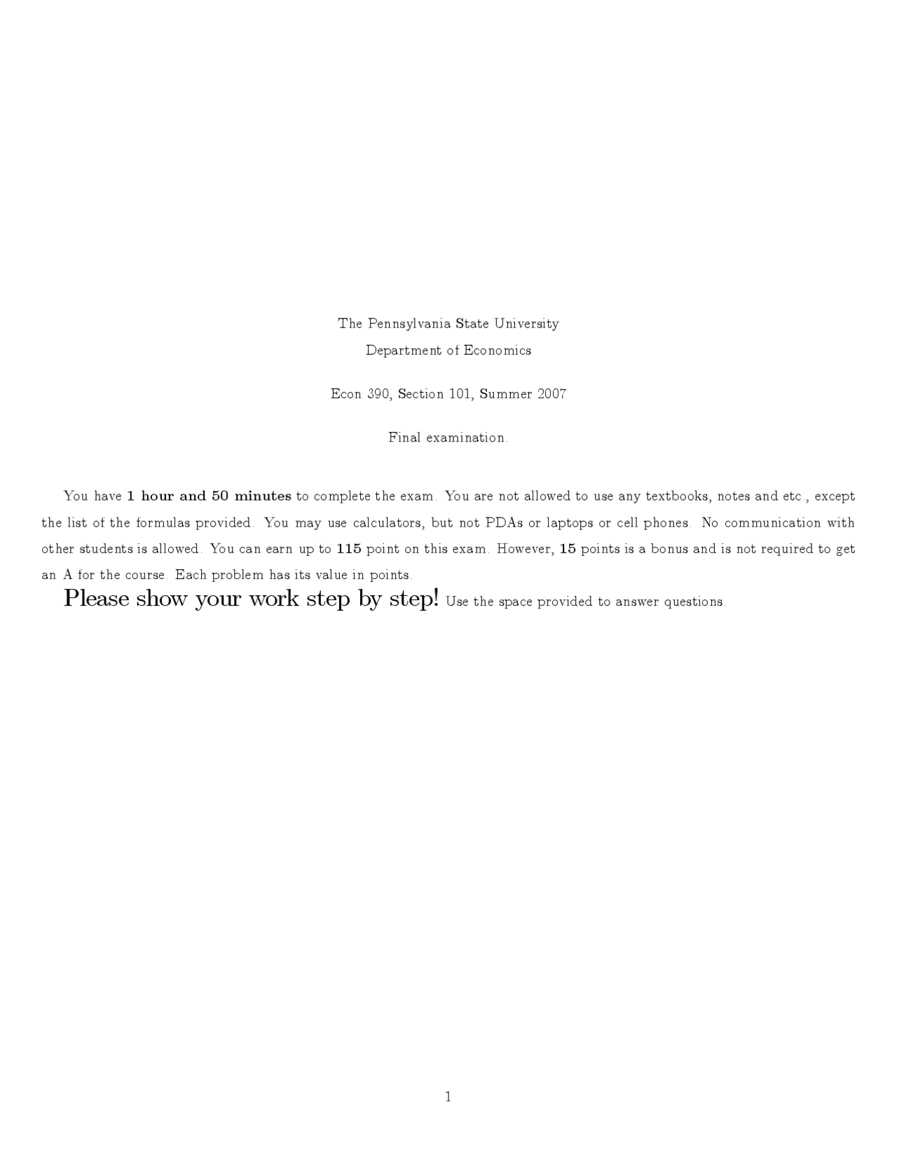 Statistical Foundations For Econometrics Final Exam Summer 2007