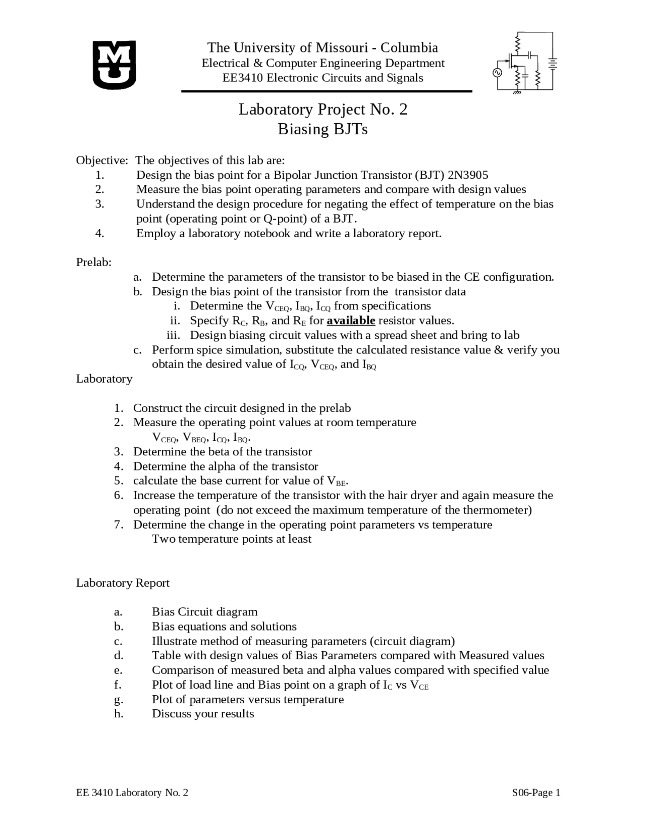 Laboratory Project Ii Biasing Bjts Ece 3410 Docsity