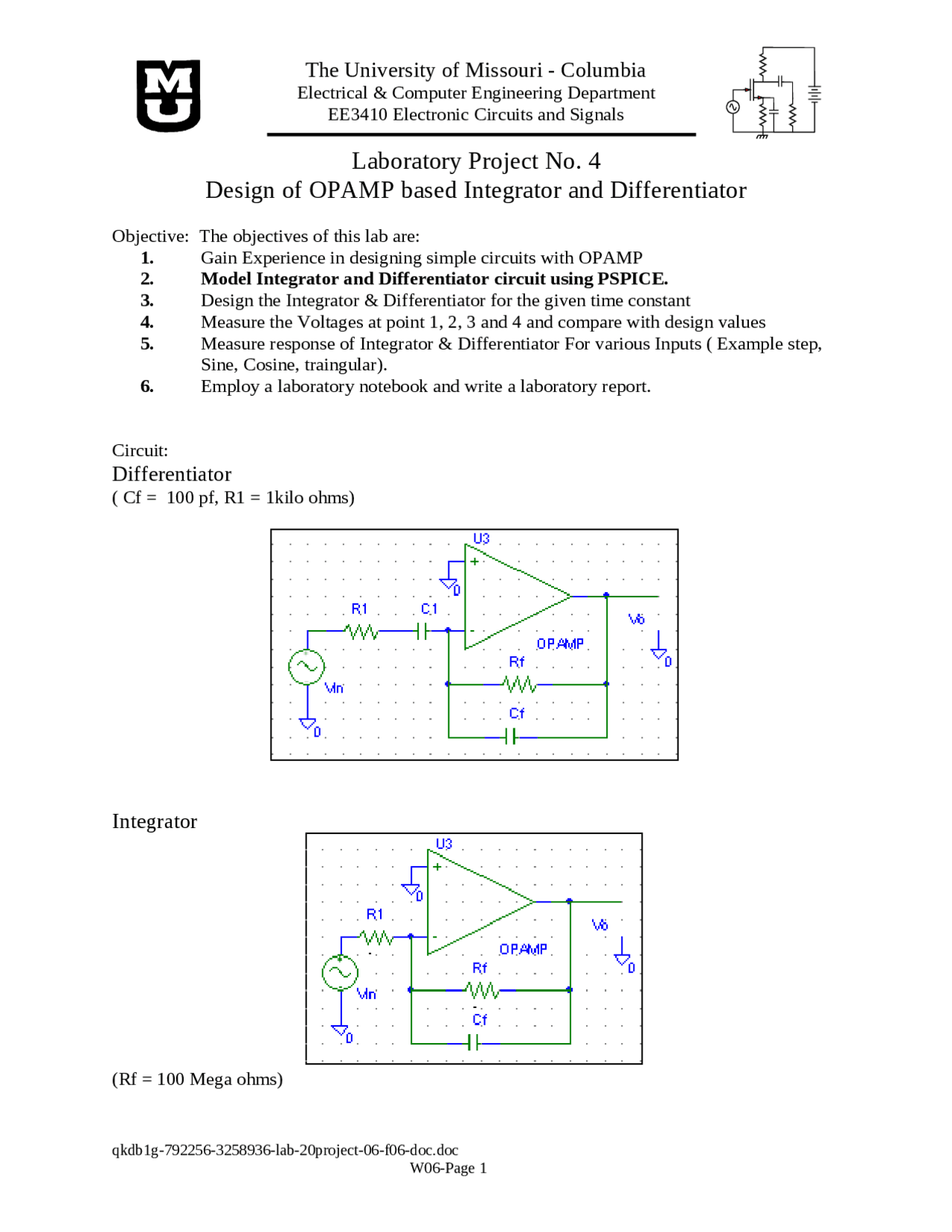 Design Of Op Amp Based Integrator And Differentiator Lab Project