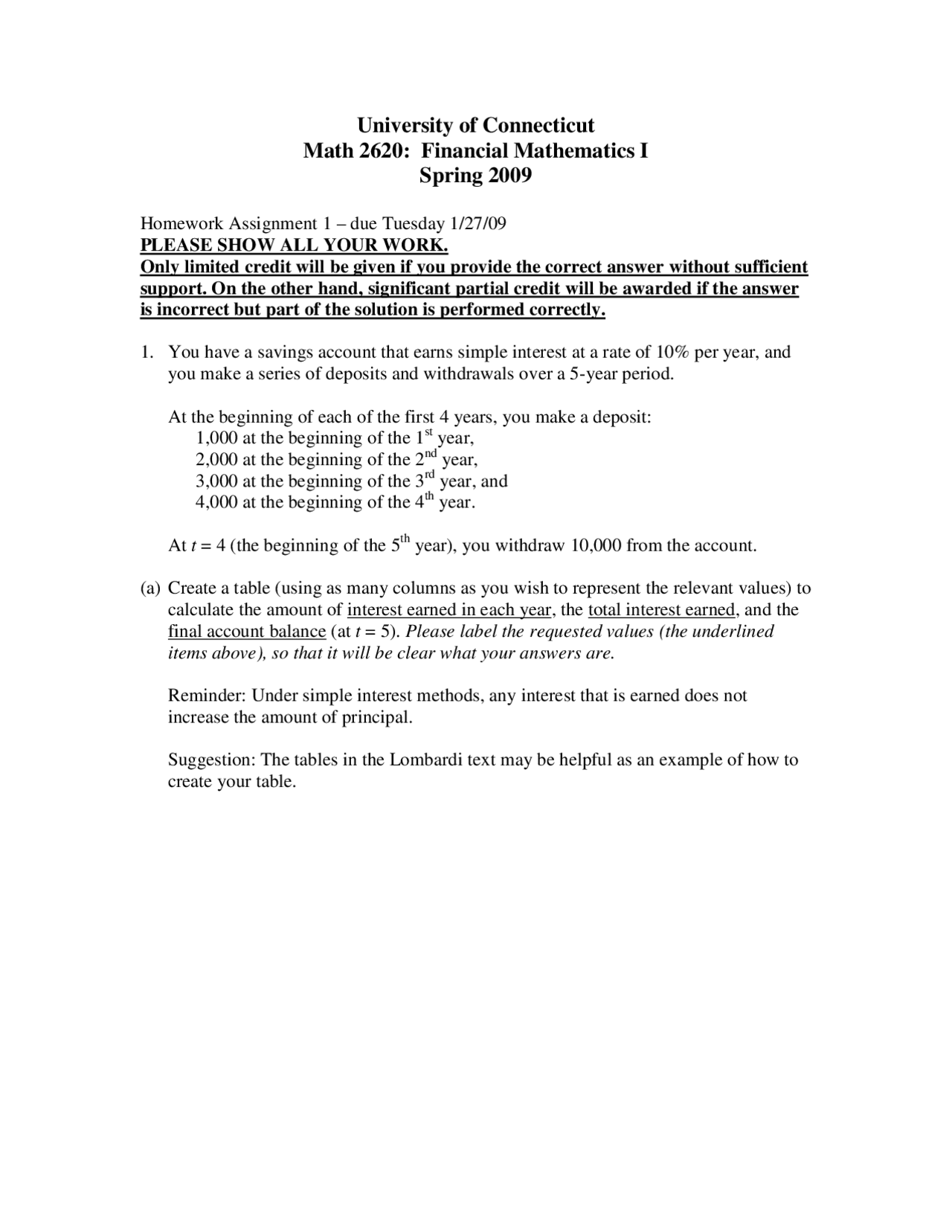 Homework Assignment 1 On Financial Mathematics I Math 2620 Docsity