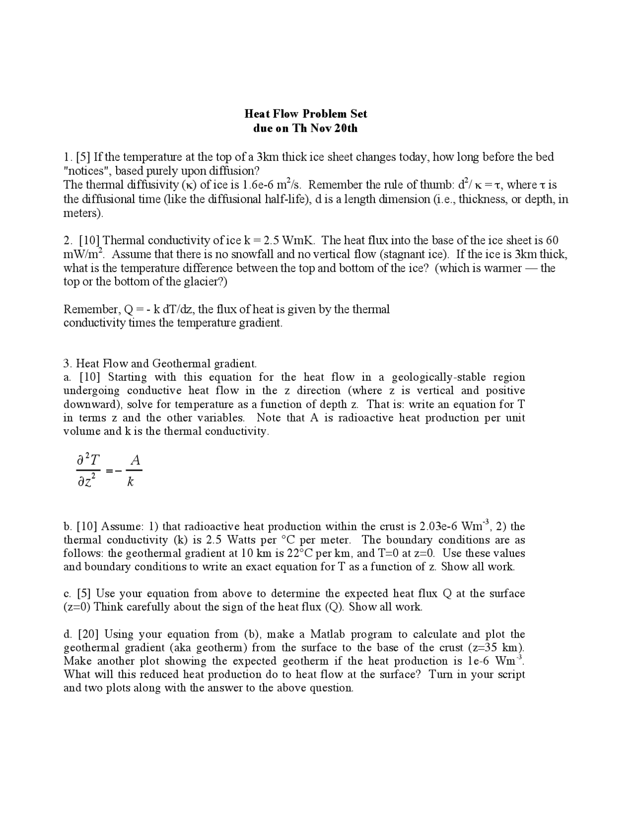 Heat Flow Problem Set On Physical Processes In Geology Geosc 203