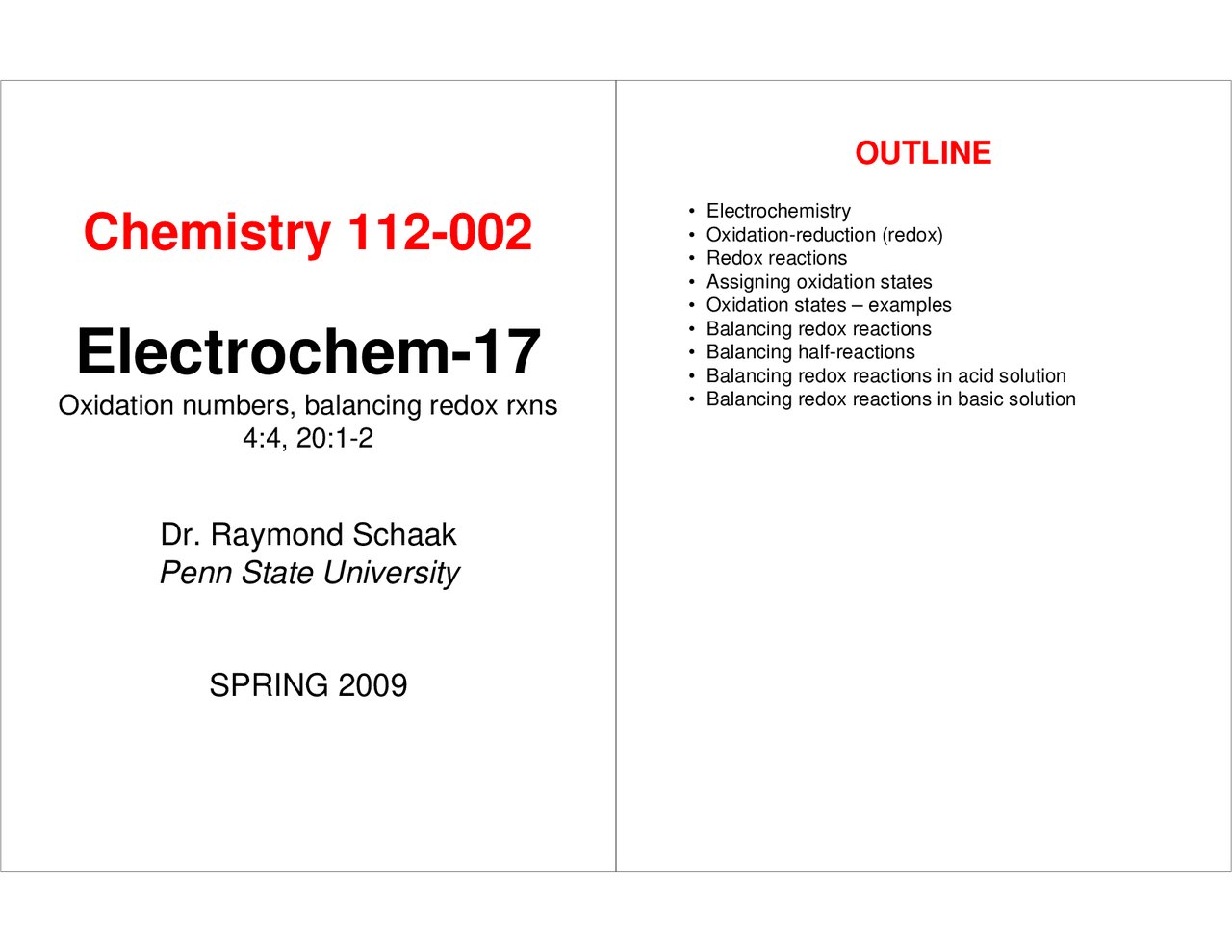 Lecture Slides on Balancing Redox Reactions of Chemical Principles II ...