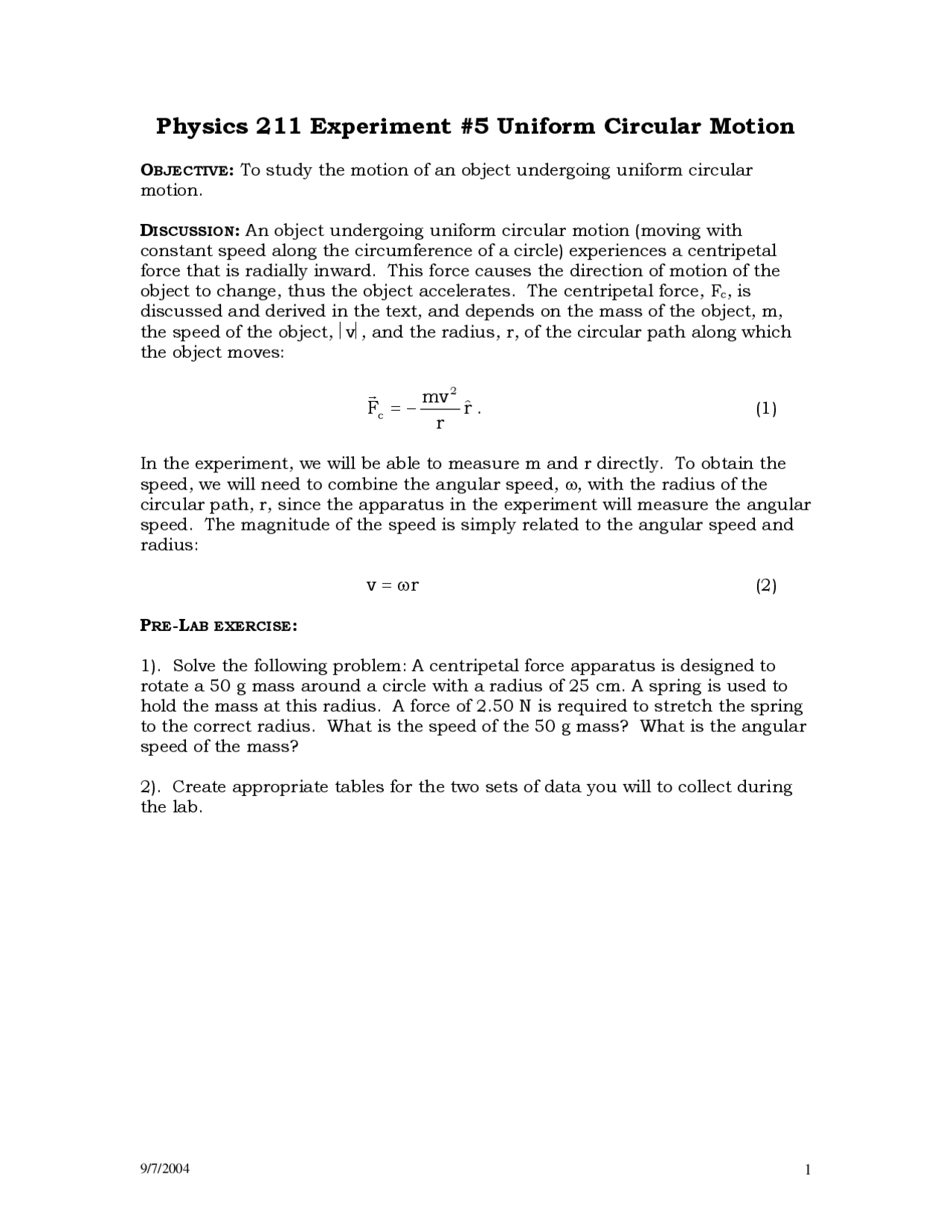 Experiment #5 - Uniform Circular Motion | PHYS 211 - Docsity