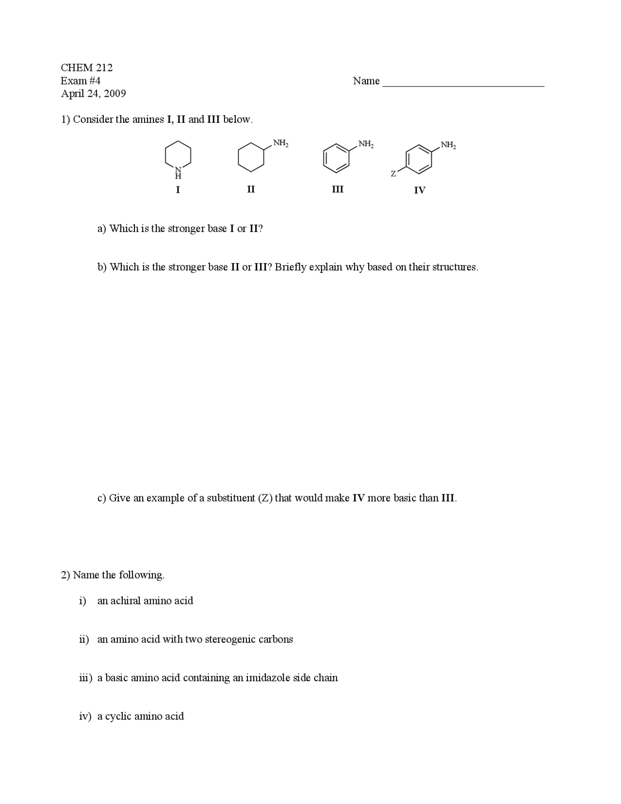 Organic Chemistry II - Exam Paper to Solve | CHEM 212 - Docsity