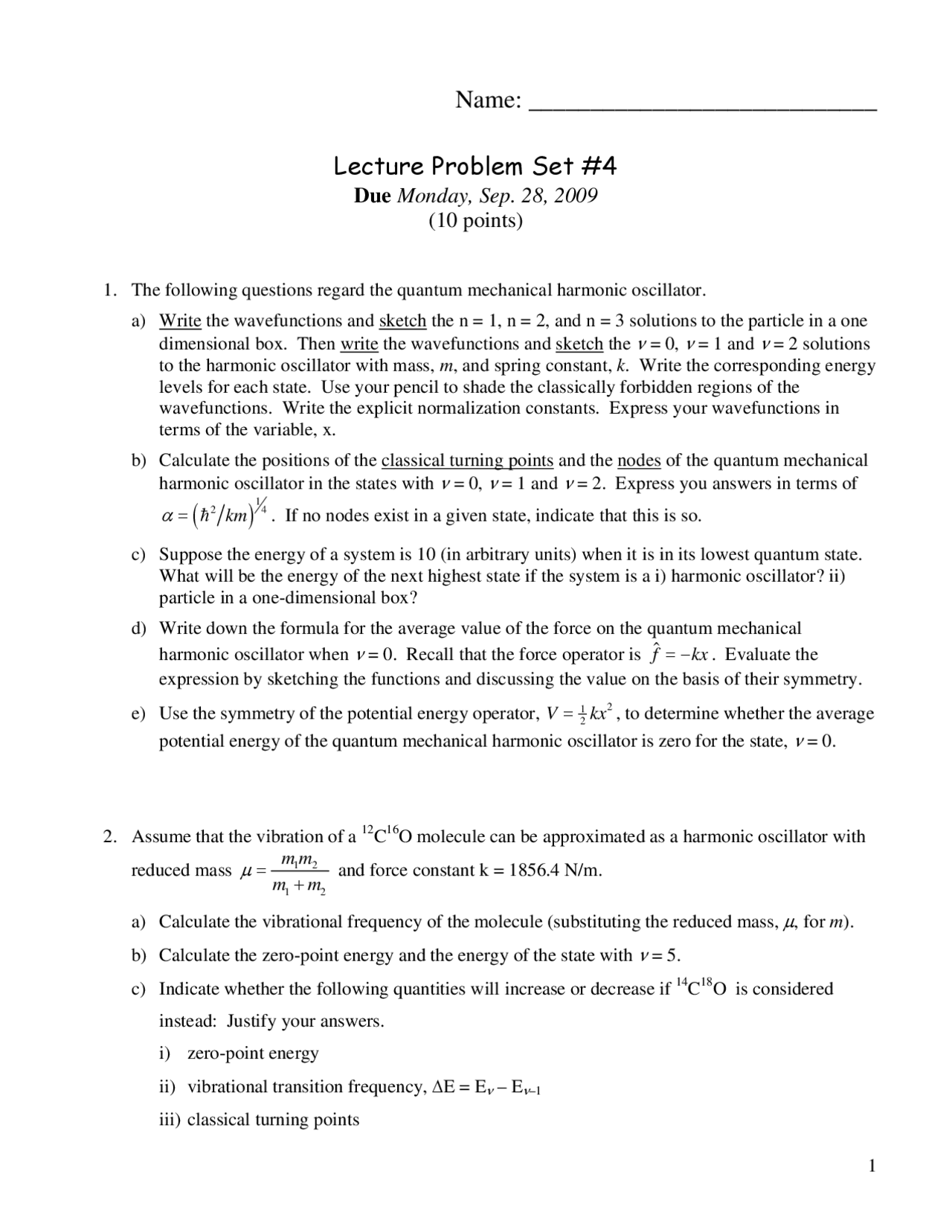 Physical Chemistry - Quantum Chemistry - Problem Set 4 | CHEM 452 - Docsity