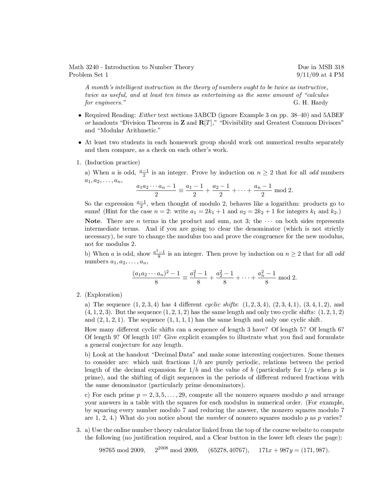 Introduction To Number Theory Assignment 1 Math 3240 Docsity