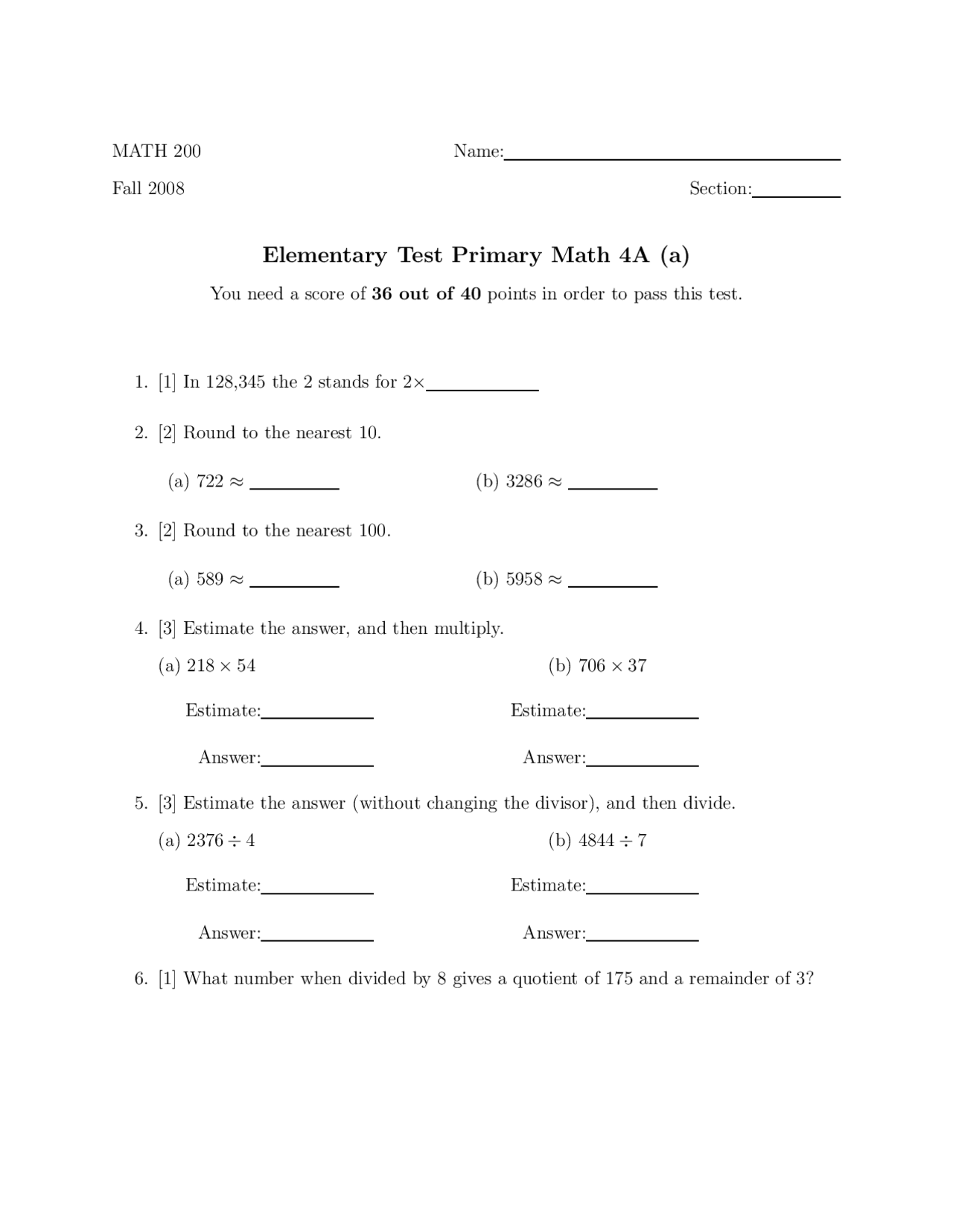 Elementary Test 4a Problem Solving In Mathematics Math 200 Docsity