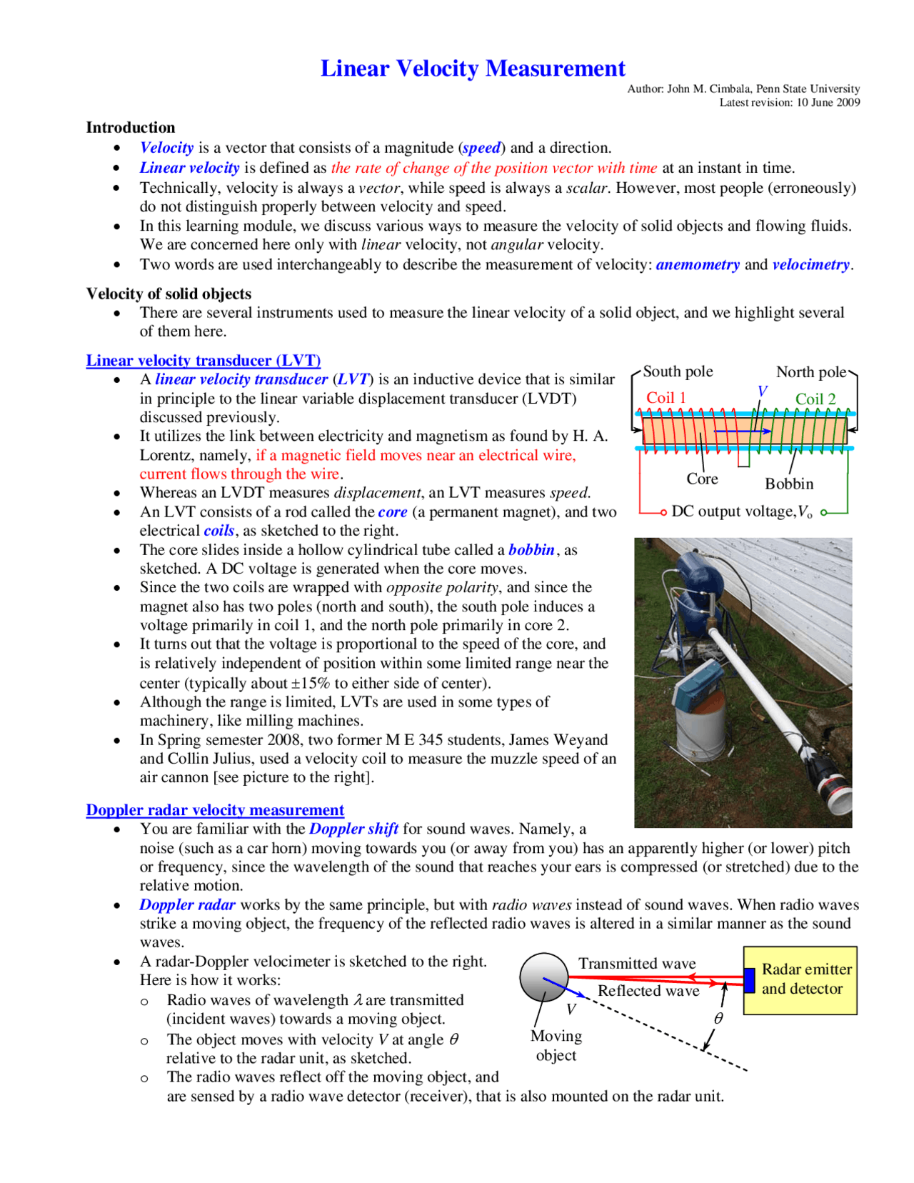 Linear Velocity Measurement - Notes | M E 345 - Docsity