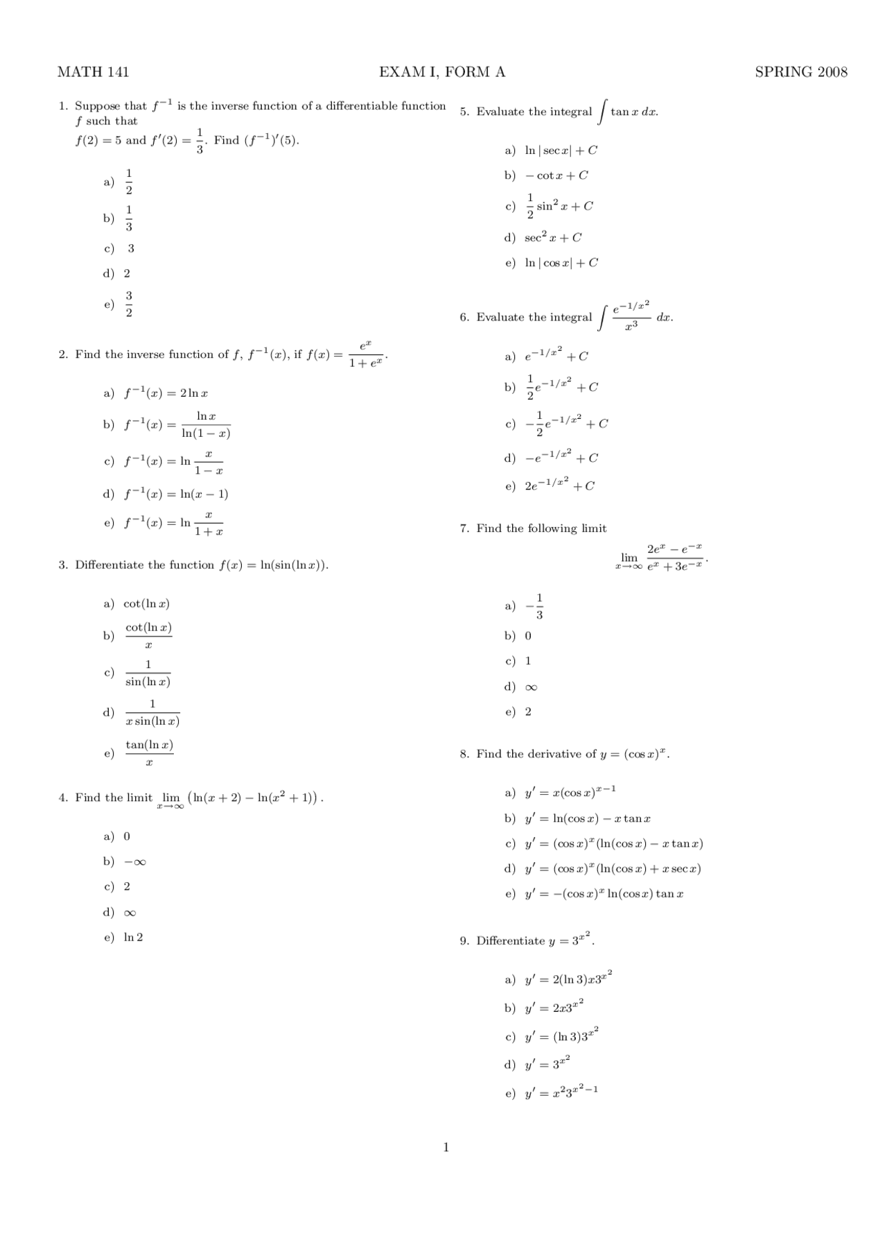 Calculus With Analytic Geometry I Exam 1 Form A Math 141 Exams