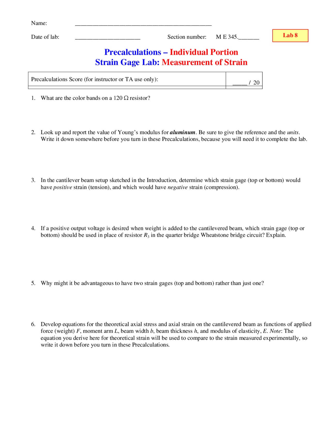 Strain Gage Laboratory Report - Measurement of Strain | M E 345 - Docsity