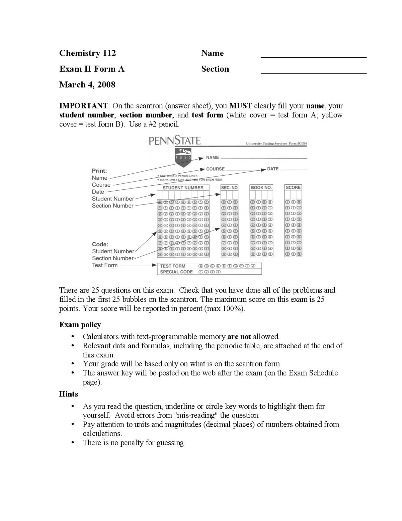 Exam 25 Questions On Chemical Principles Ii Chem 112 Docsity