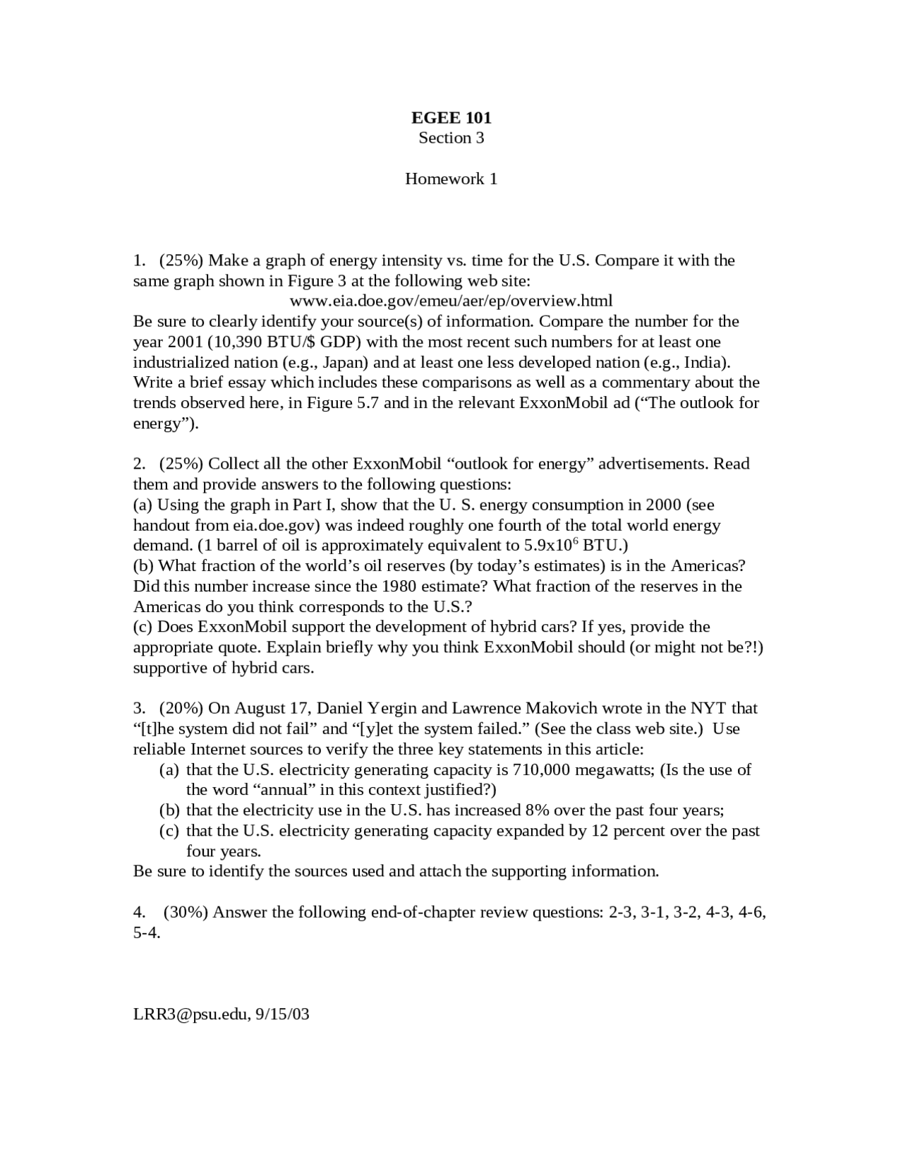 Assignment 1 Problems Energy And The Environment Egee 101 Docsity