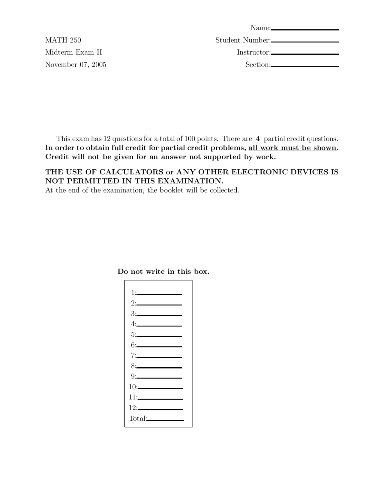 12 Questions Midterm Exam 2 Ordinary Differential Equations Math