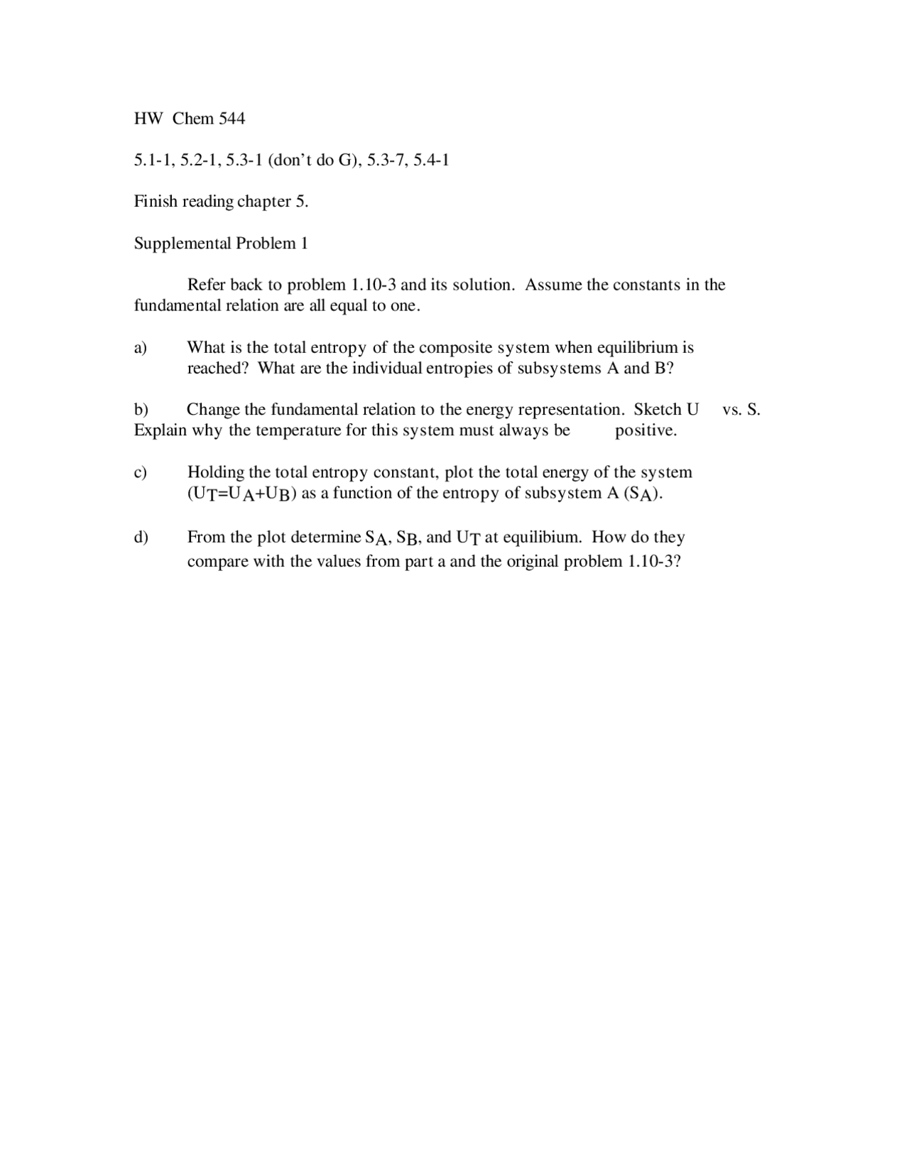 Homework Practice Problems On Chemical Thermodynamics Chem 544 Docsity