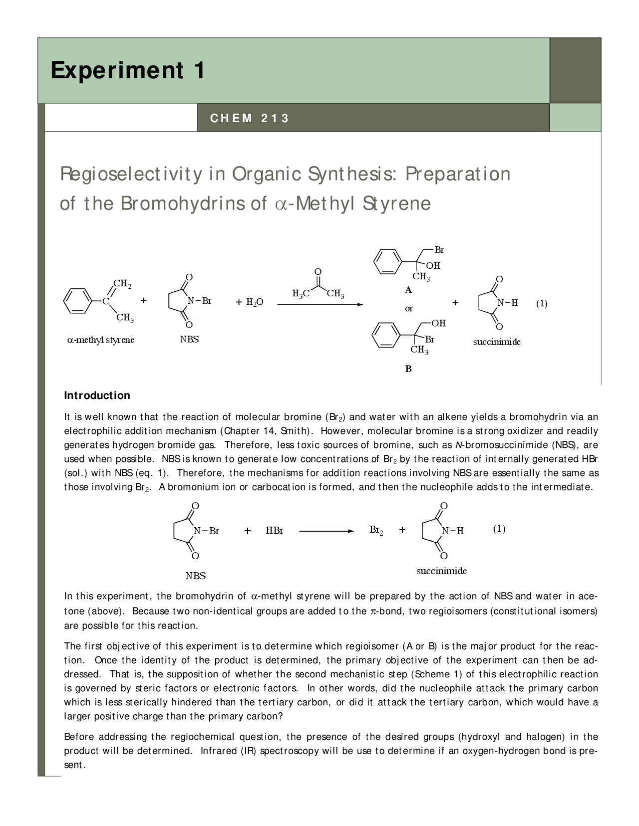 Regioselectivity in Organic Synthesis - Experiment | CHEM 213 - Docsity