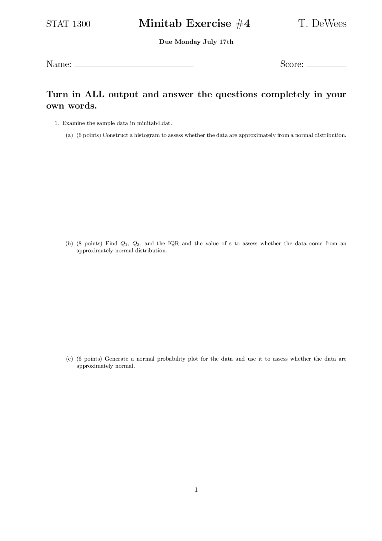 Minitab Exercise 4 Elementary Statistics Stat 1300 Docsity