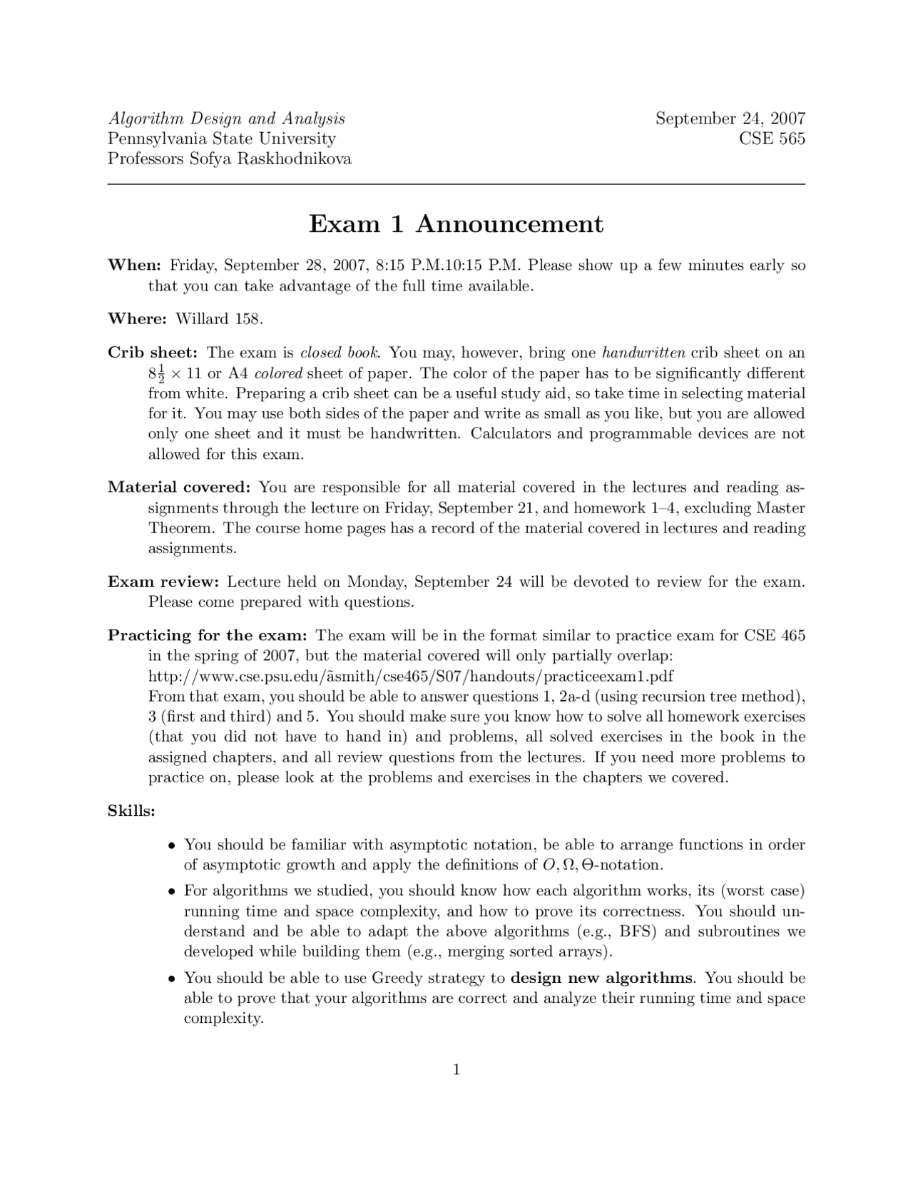 Announcement Of Exam 1 On Algorithm Design And Analysis Cse 565 Docsity 2053