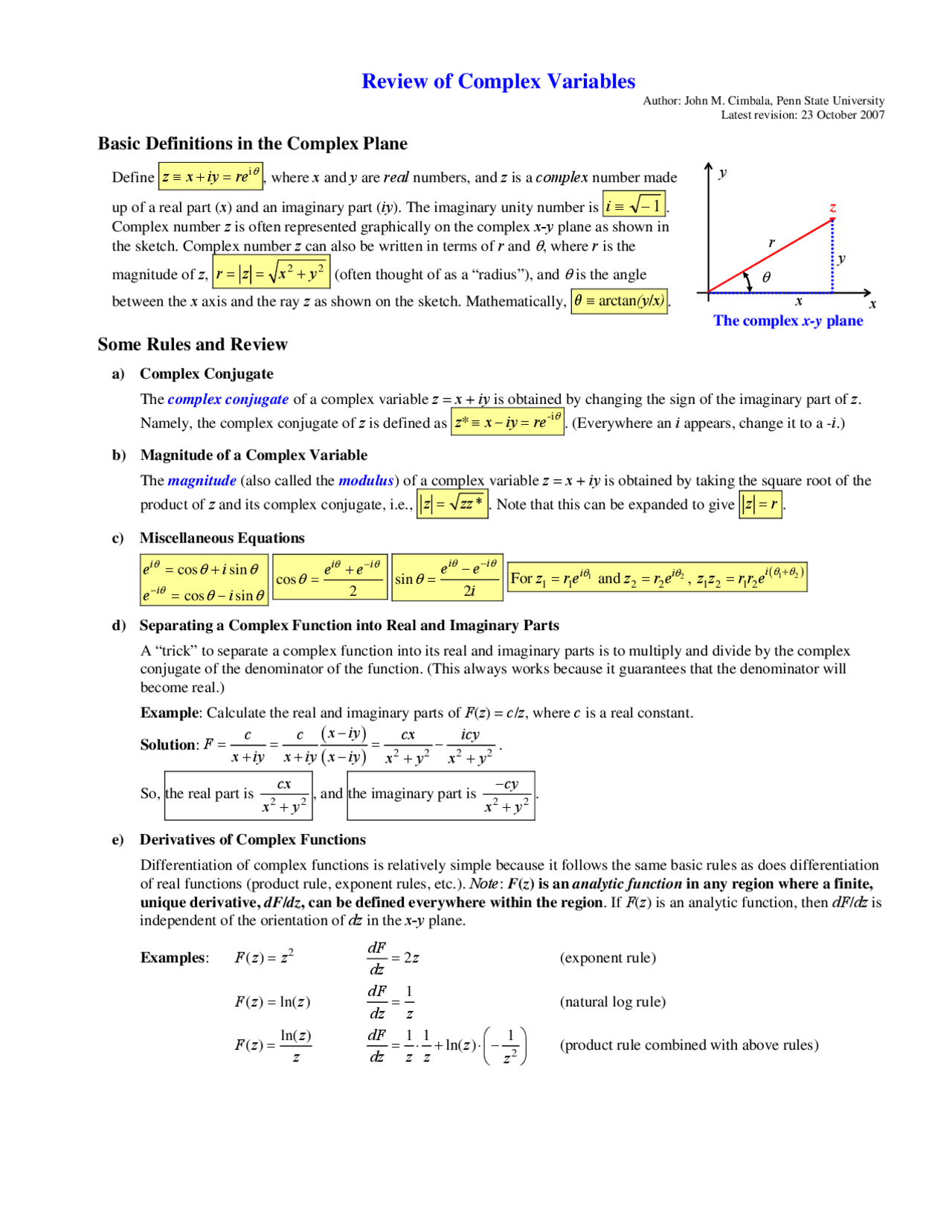 Foundations of Fluid Mechanics I - Complex Variables | M E 521 - Docsity