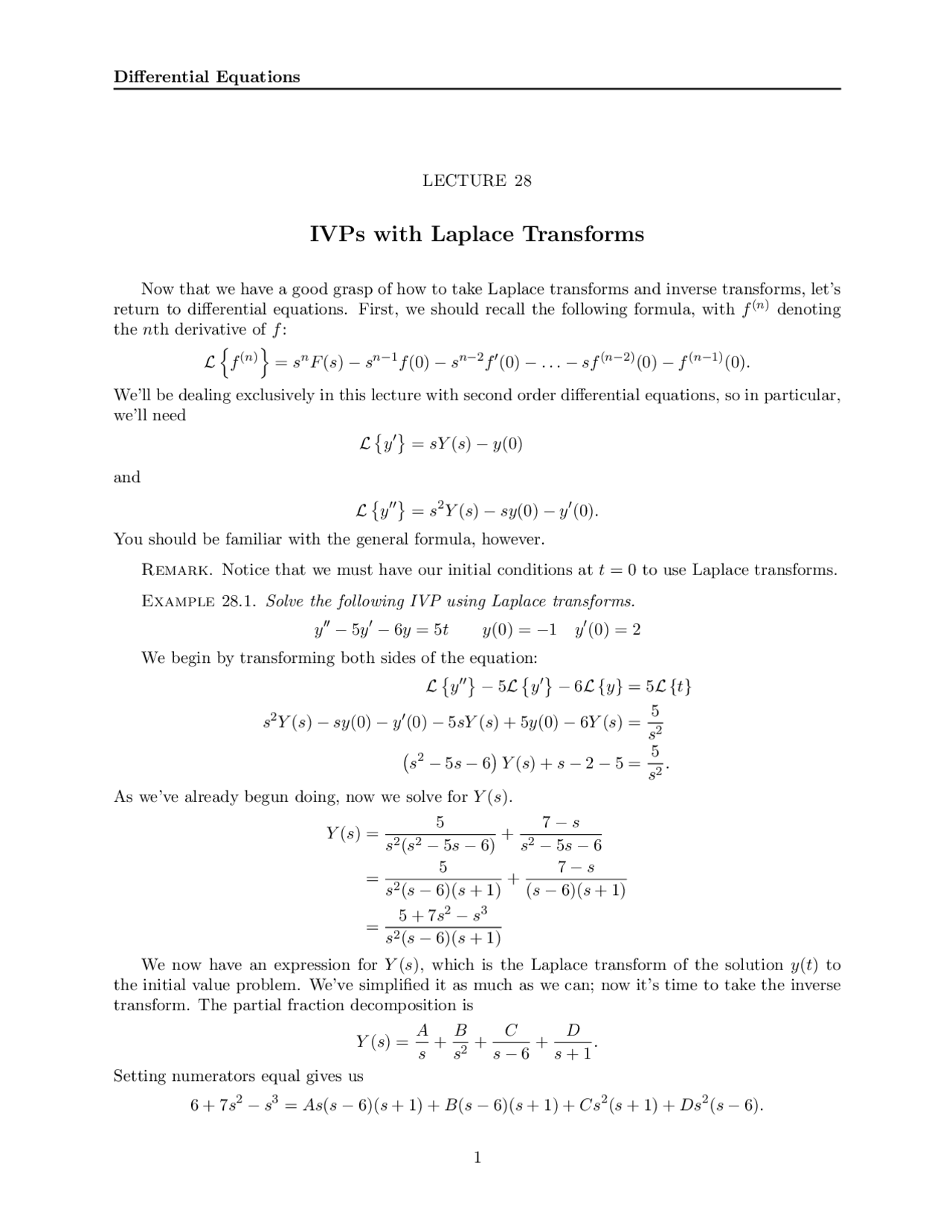 IVPs with Laplace Transforms - Differential Equations | MATH 251 - Docsity