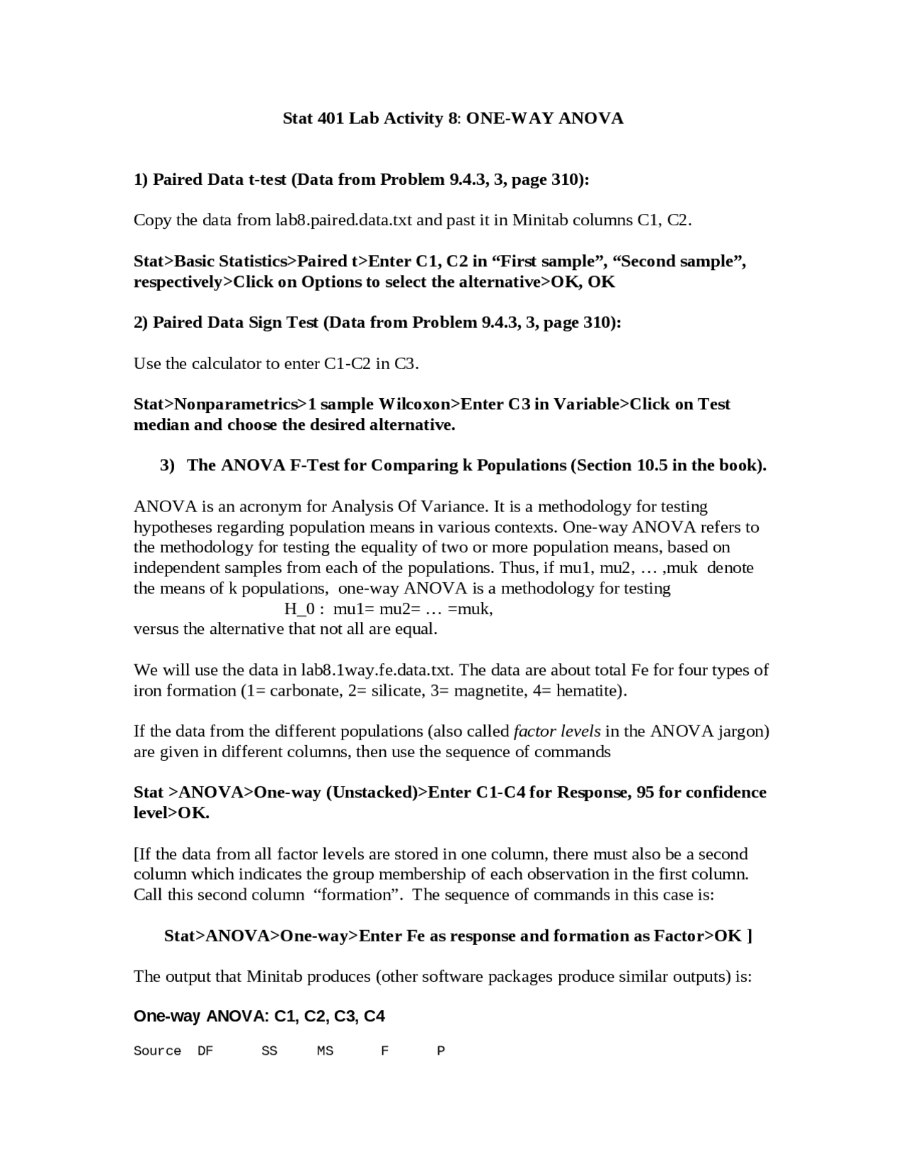 One Way ANOVA - Experimental Methods - Lab | STAT 401 - Docsity