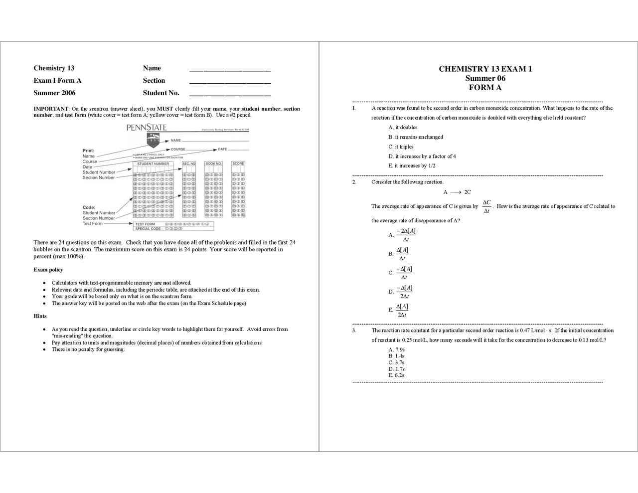 Practice Exam 1 Questions Chemical Principles Ii Chem 112 Docsity