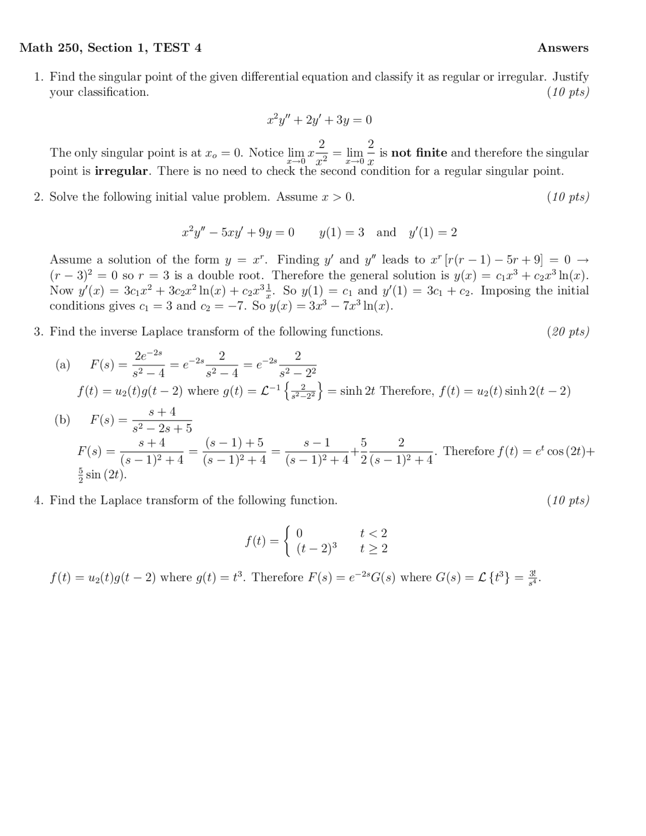 4 Solved Questions Exam 4 Ordinary Differential Equations Math 250