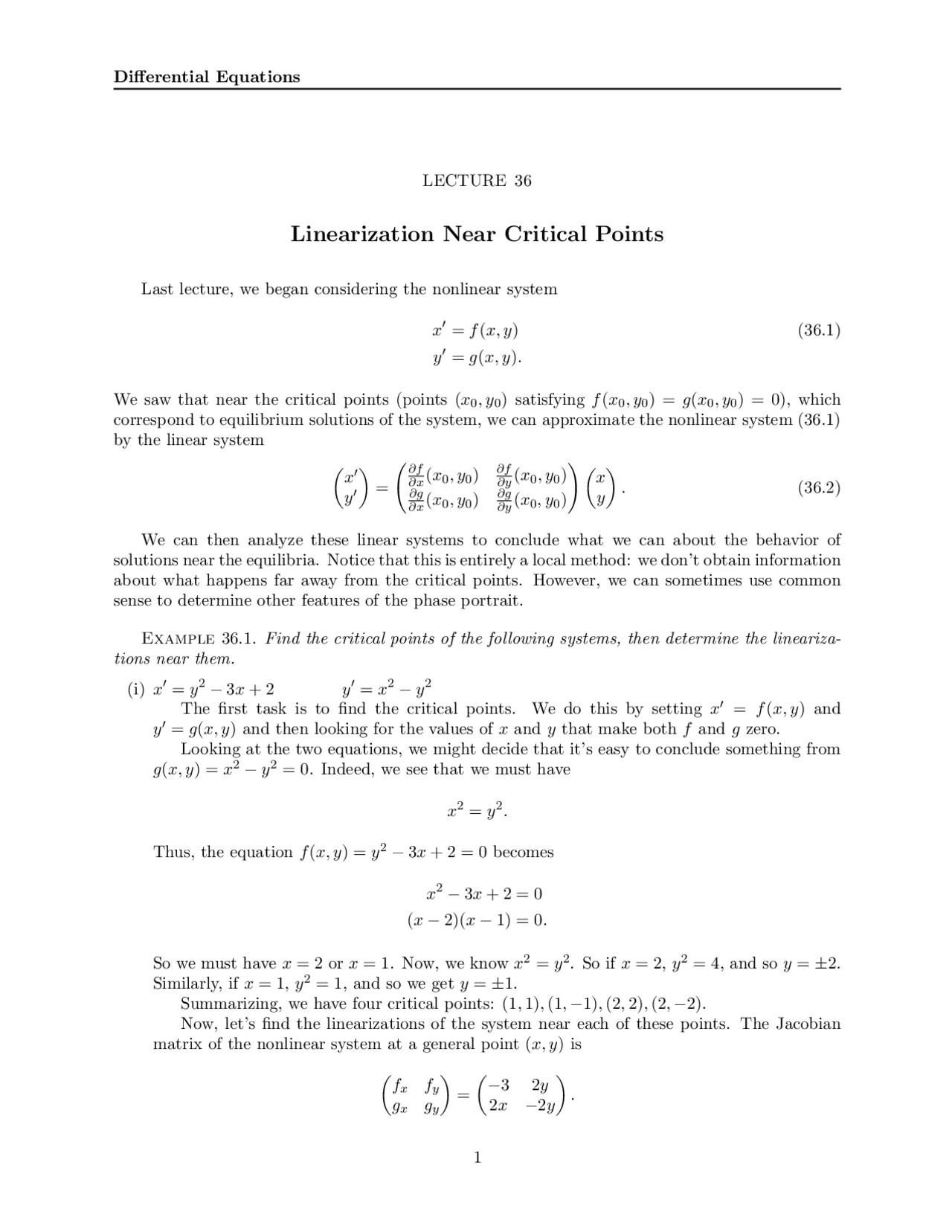 Notes On Linearization Near Critical Points Math 251 Docsity