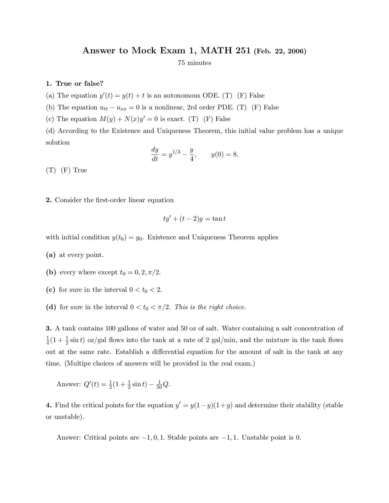 8 Questions with Solutions in Exam 1 | MATH 251 - Docsity
