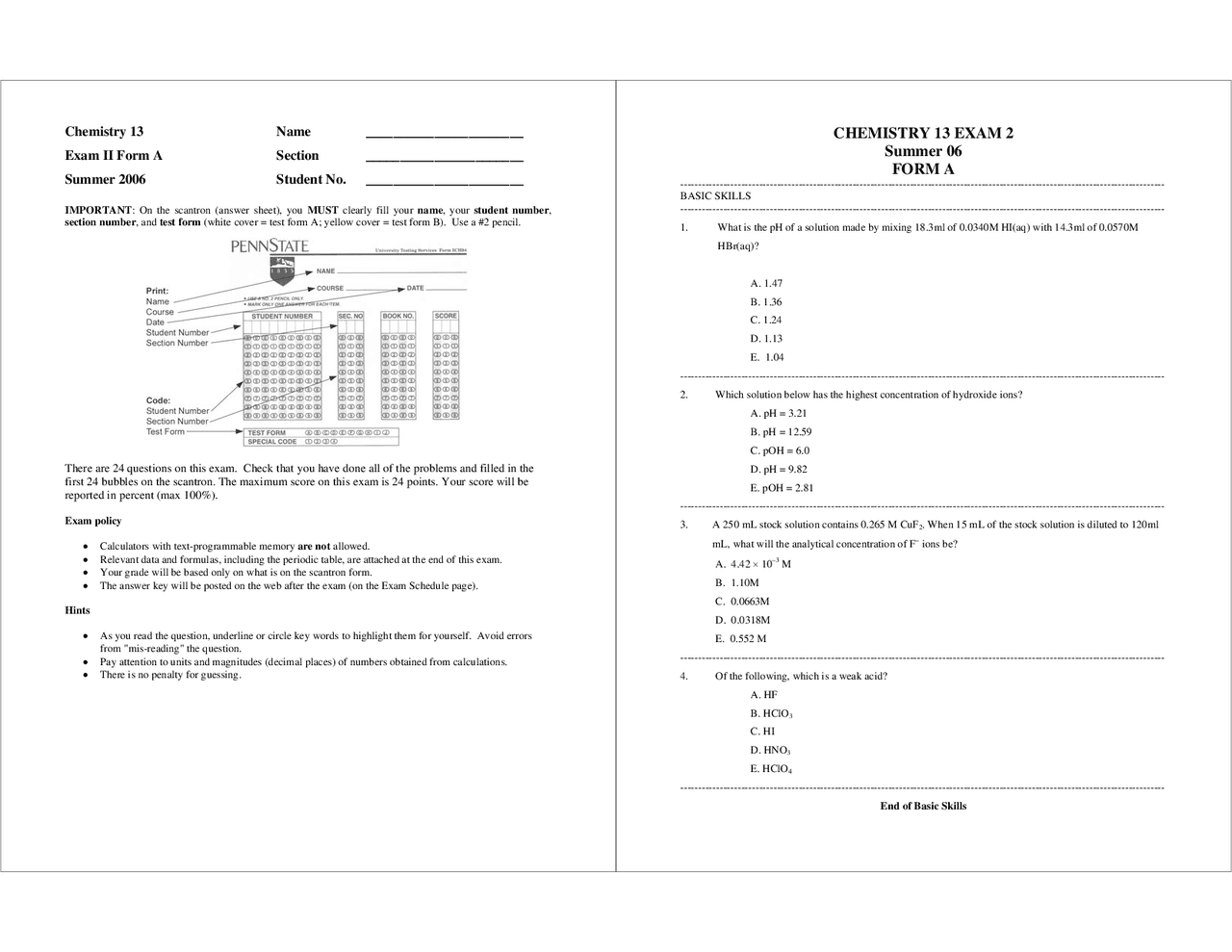 Exam 2 Form A Chemical Principles Ii Chem 112 Docsity