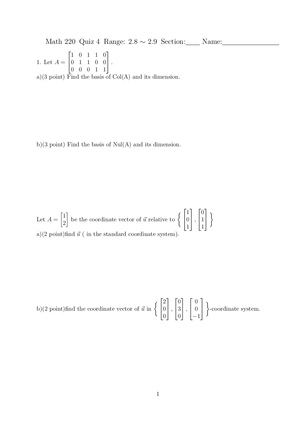 1 Questions Quiz 4 Matrices Math 220 Docsity