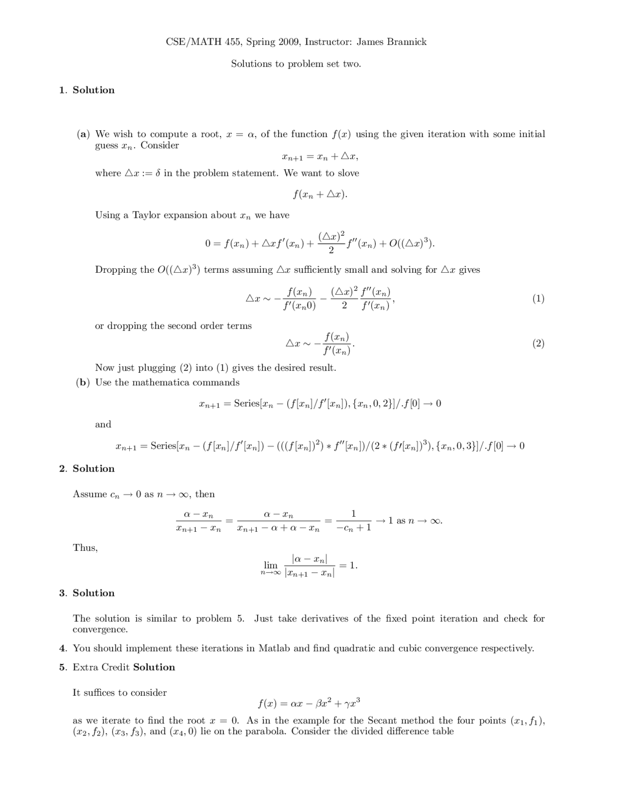 Assignment 2 With Solution Introduction To Numerical Analysis I Math 455 Docsity
