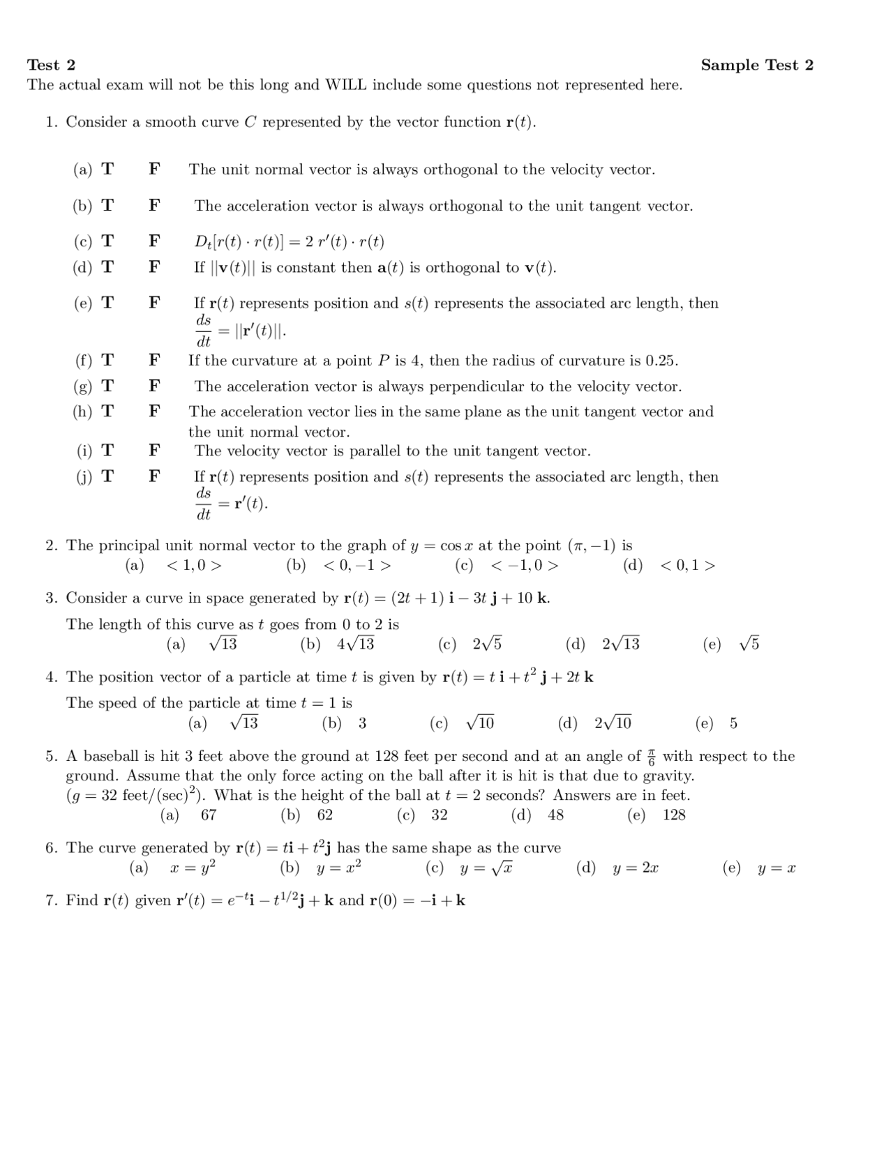 Sample Test 2 Calculus And Vector Analysis Math 230 Docsity