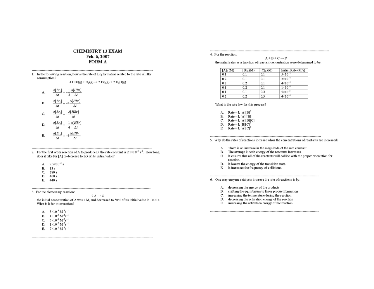 Exam Form A Chemical Principles Ii Chem 112 Docsity