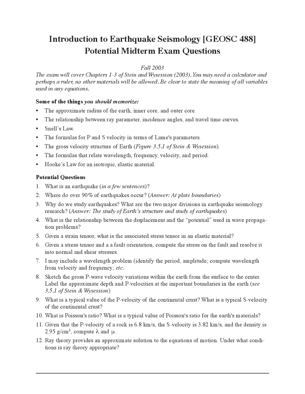 25 Questions on Introduction to Earthquake Seismology - Midterm Exam ...
