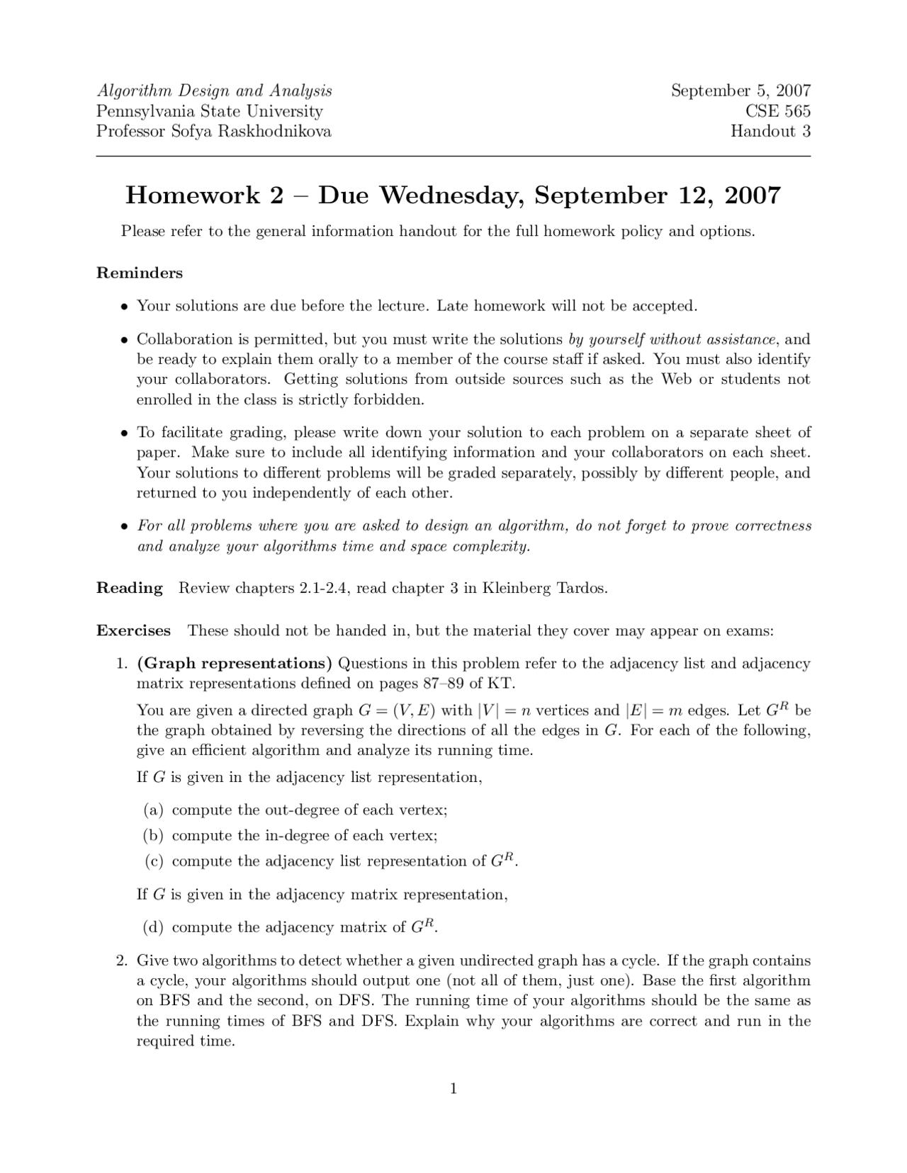 Homework 2 Exercise Questions On Algorithm Design And Analysis Cse 565 Docsity