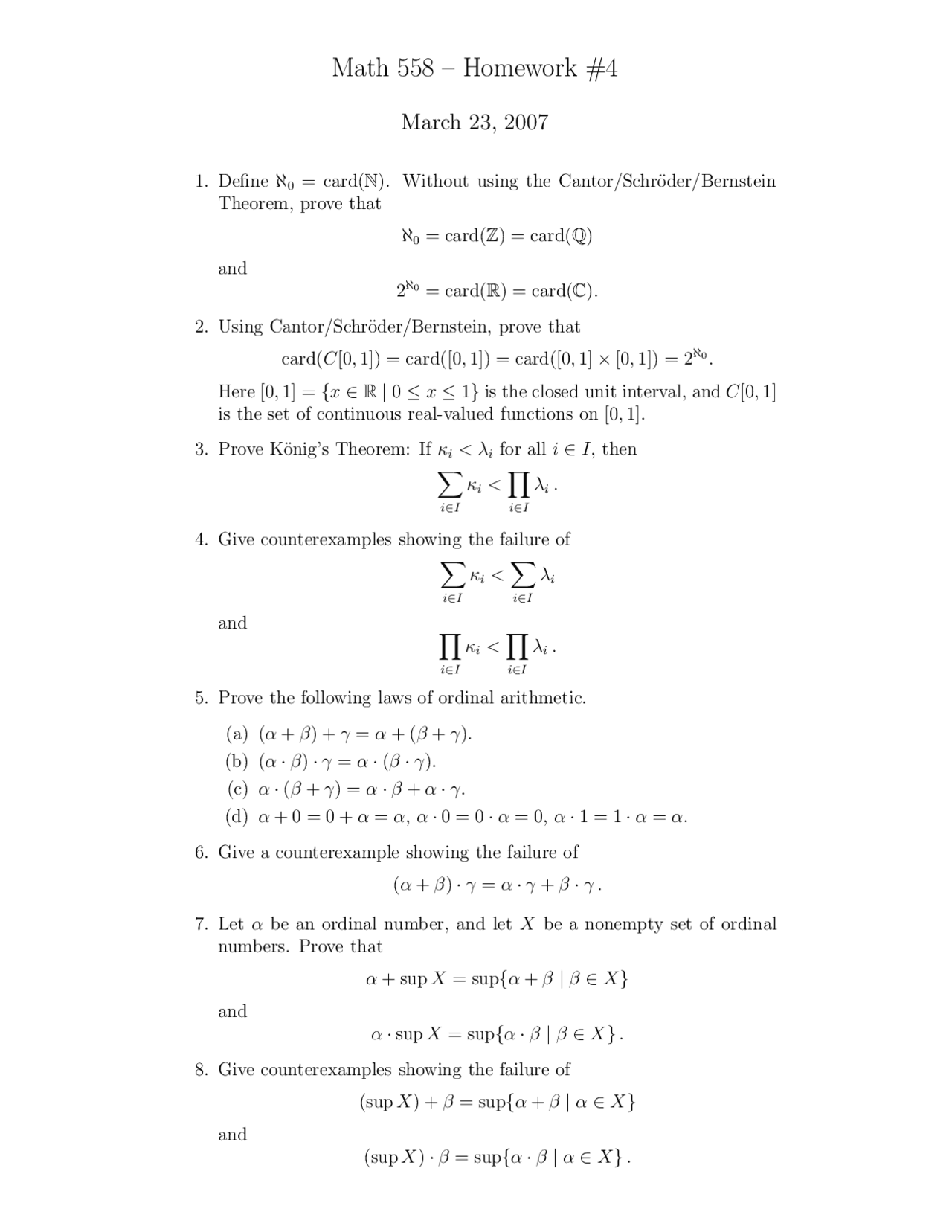 Math 558 Homework 4: Proving Equivalence of Cardinalities and Ordinal Arithmetic - Prof. S ...