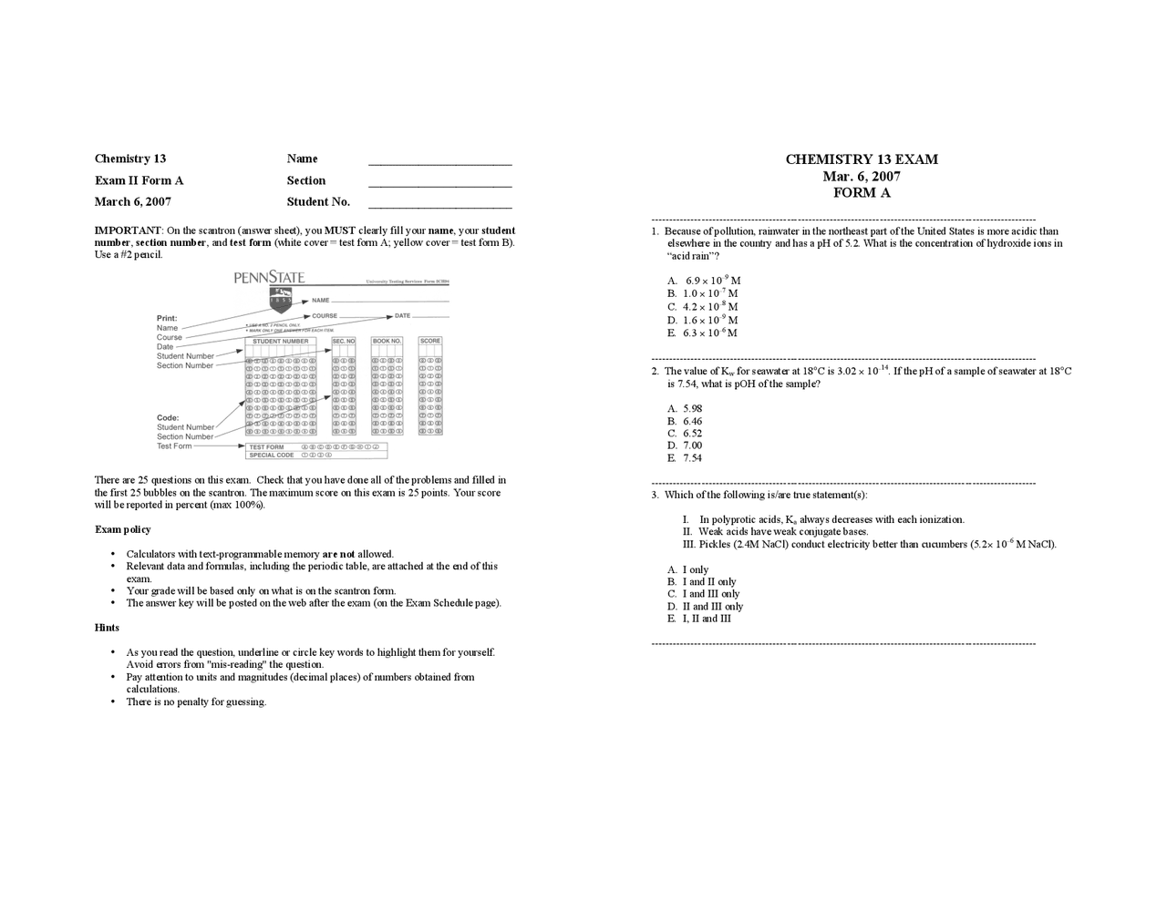 Exam 25 Questions On Chemical Principles Ii Chem 112 Docsity