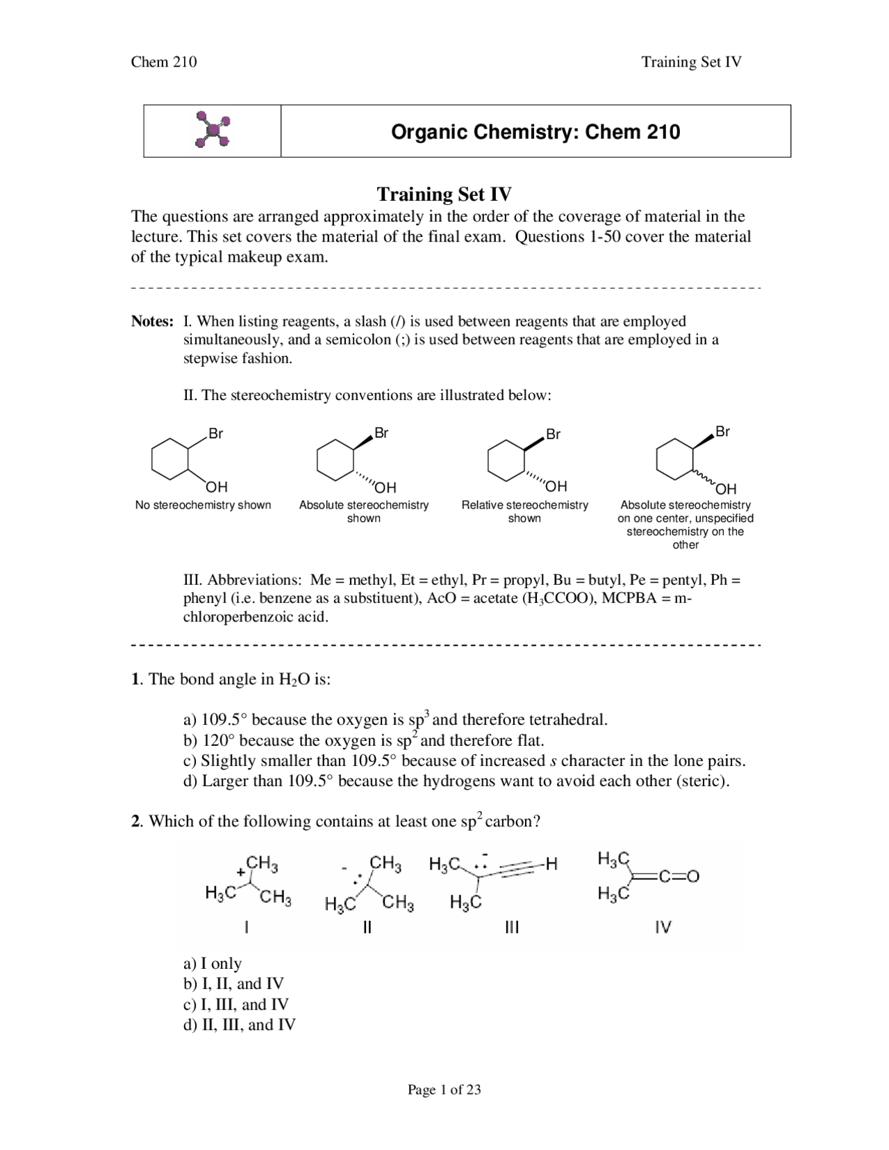 Training Set Ii Problems Organic Chemistry I Chem 210 Docsity