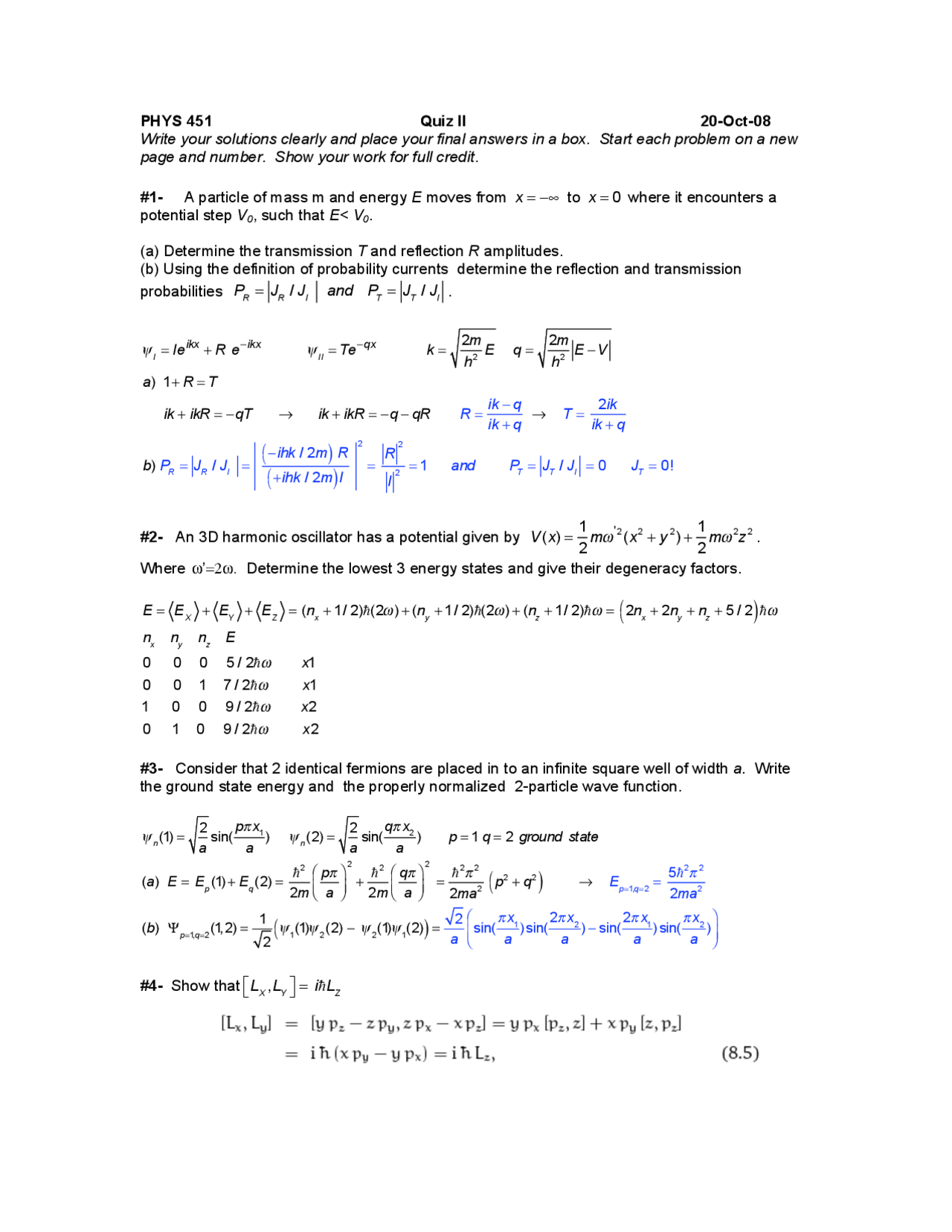 Quiz 2 with Solutions | Introduction to Quantum Mechanics | Phys 451 ...