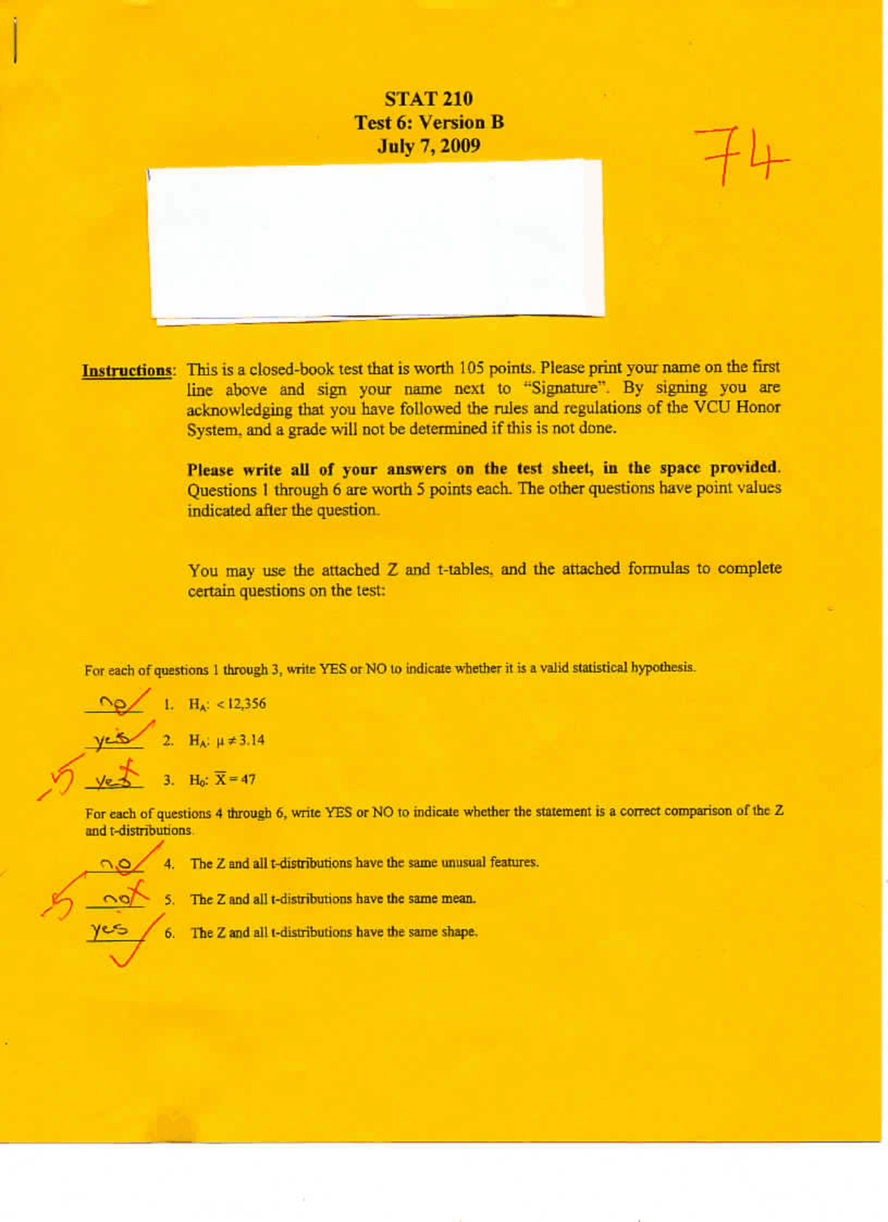 Exam 6 for Closed Book Test - Honors: Basic Practice of Statistics ...