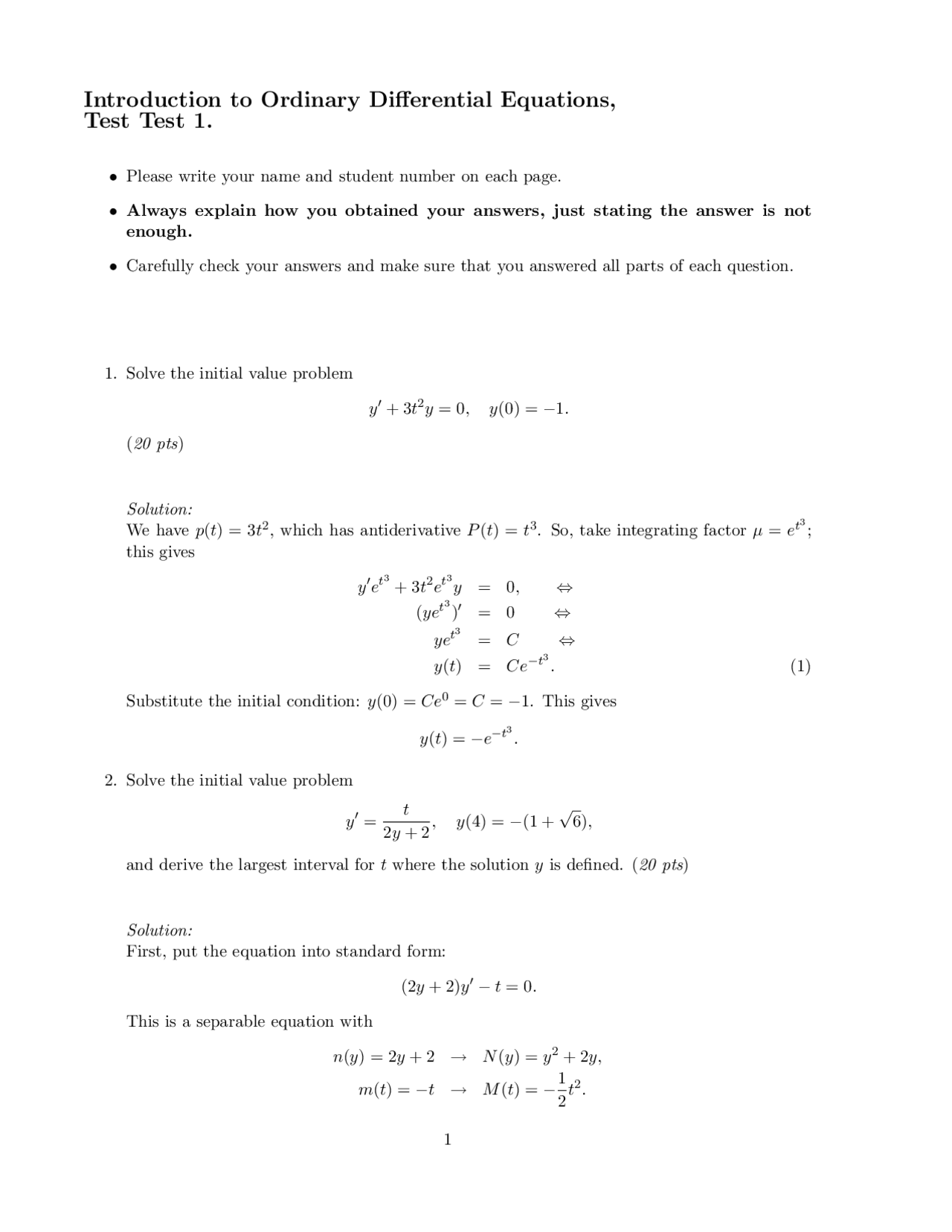 Test 1 Introduction To Ordinary Differential Equations Math 2214 Docsity