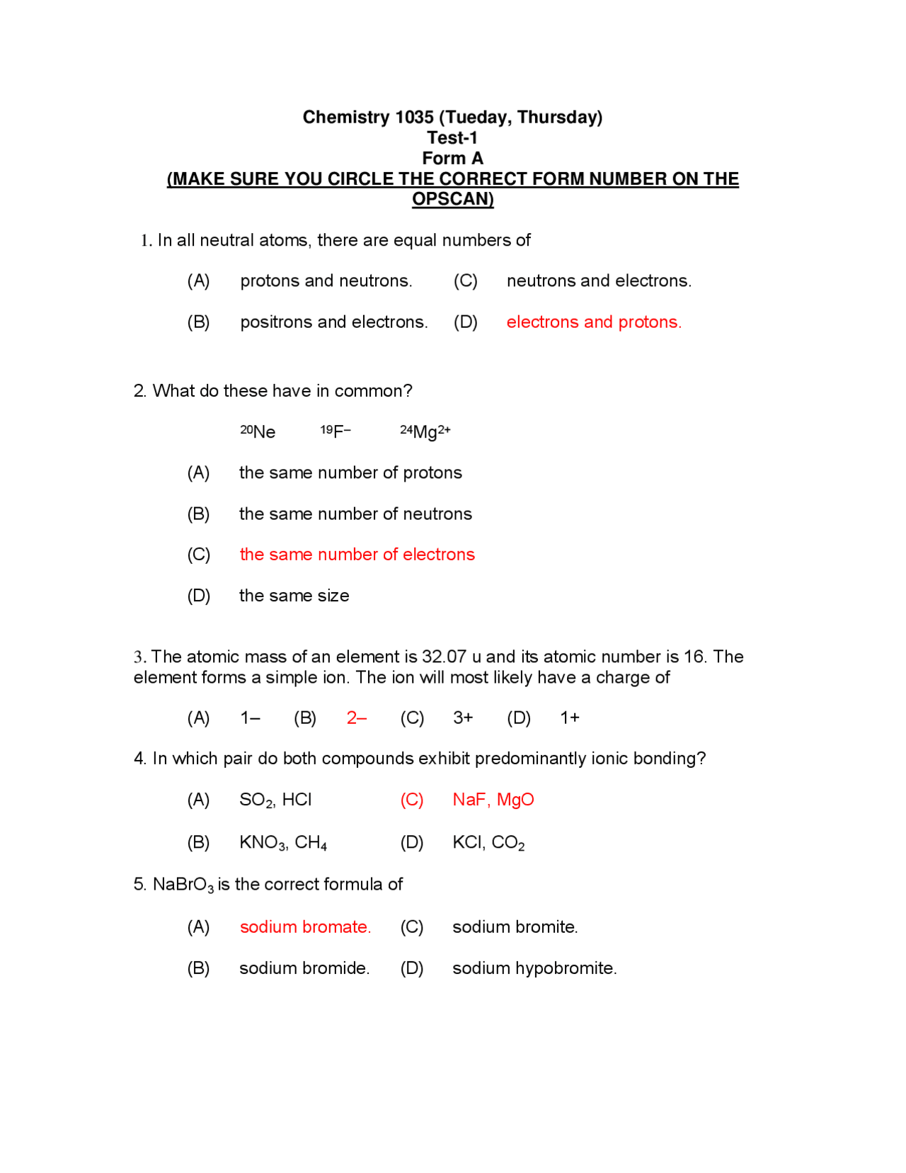 Test One Answers - General Chemistry | CHEM 1035 - Docsity